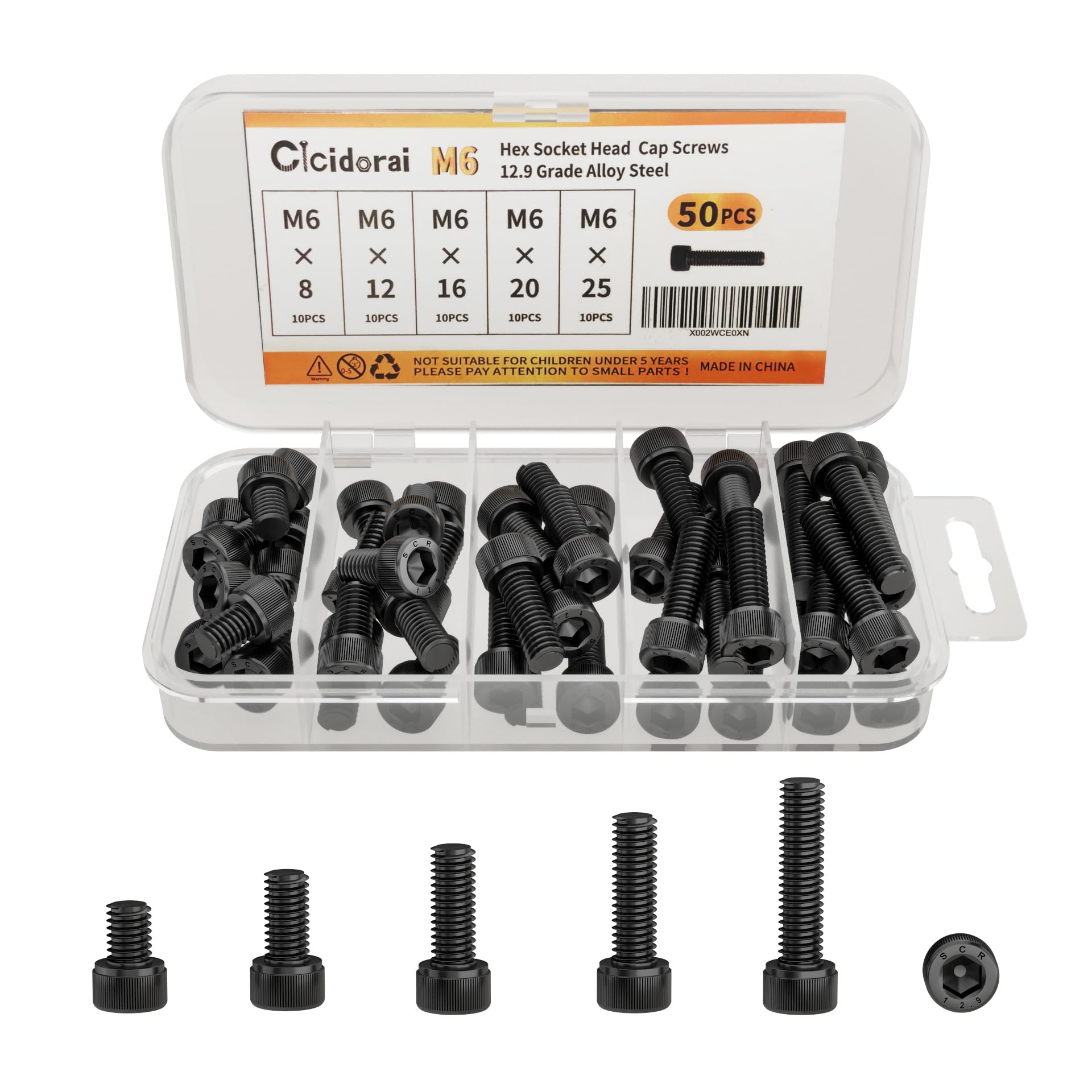 Cicidorai M6 x 8mm 12mm 16mm 20mm 25mm Hex Socket Head Cap Screws Bolts, 12.9 Grade Alloy Steel, Black Oxide Finish, Fully Threaded, Metric Allen Hex Drive, Assortment Kit 50Pcs