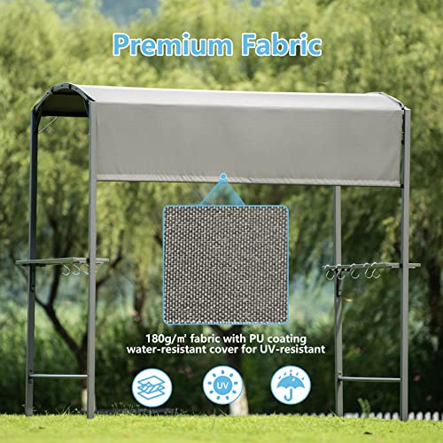 7' x 4.5' Grill Gazebo, Outdoor BBQ Canopy with Side Awning, Steel Double Tiered Grill Canopy Tent with Shelves and Hooks for Patio and Backyard, Gray