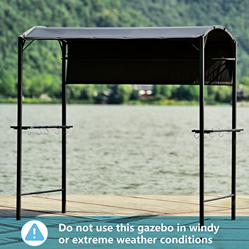 7' x 4.5' Grill Gazebo, Outdoor BBQ Canopy with Side Awning, Steel Double Tiered Grill Canopy Tent with Shelves and Hooks for Patio and Backyard, Gray