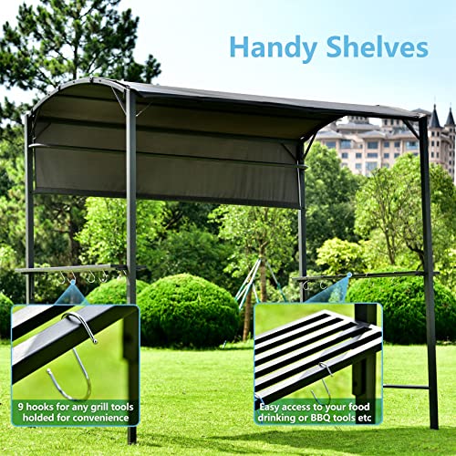 7' x 4.5' Grill Gazebo, Outdoor BBQ Canopy with Side Awning, Steel Double Tiered Grill Canopy Tent with Shelves and Hooks for Patio and Backyard, Gray