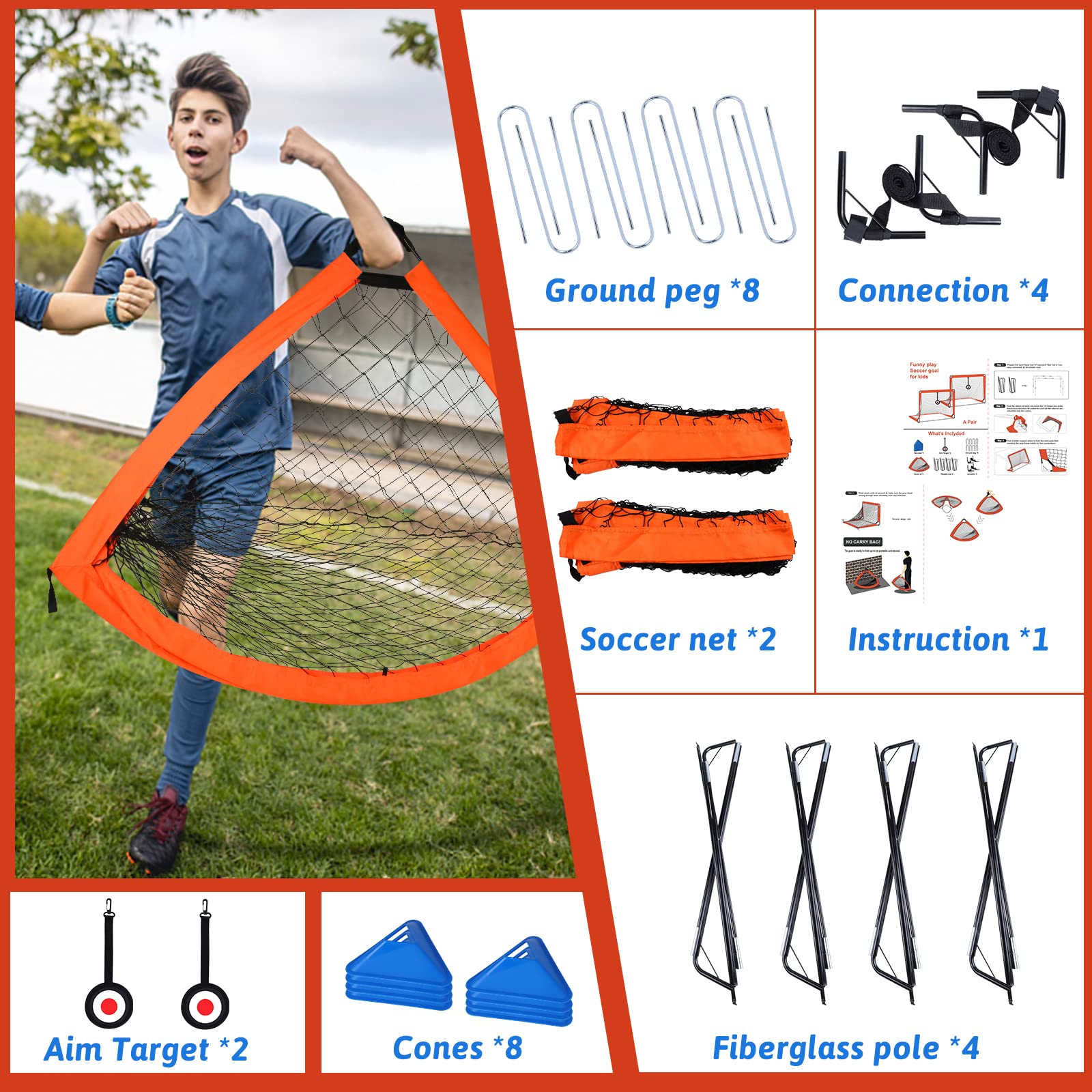 E-SDS Kids Soccer Goals for Backyard Training(Size 6'x4'), Portable Soccer Net Pop Up Soccer Goal Kits, Set of 2