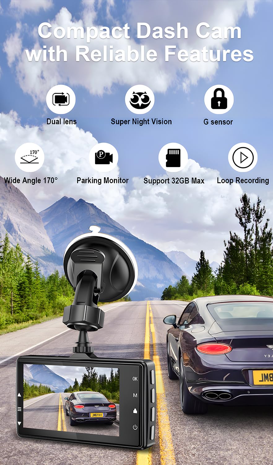 Penemay Dual Dash Cam Front and Rear Camera 1080p Front Camera, Dash Camera for Cars Waterproof Rear Camera, Car Camera Included 32GB Card, Dashboard Camera with Super Night Vision, Parking Monitor