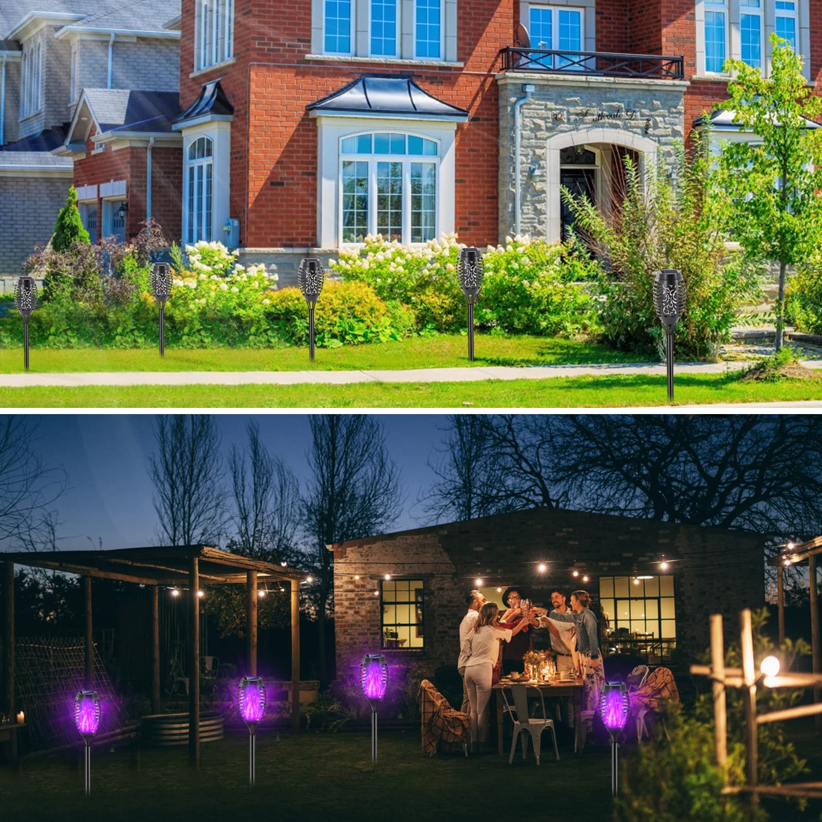 COCOMOX Halloween Decorations Outdoor, 12 Pack Purple Solar Lights Outdoor Waterproof 12 LED Mini Tiki Torch Lights with Flickering Flame for Outside Landscape Garden Pathway Dusk to Dawn Auto On/Off