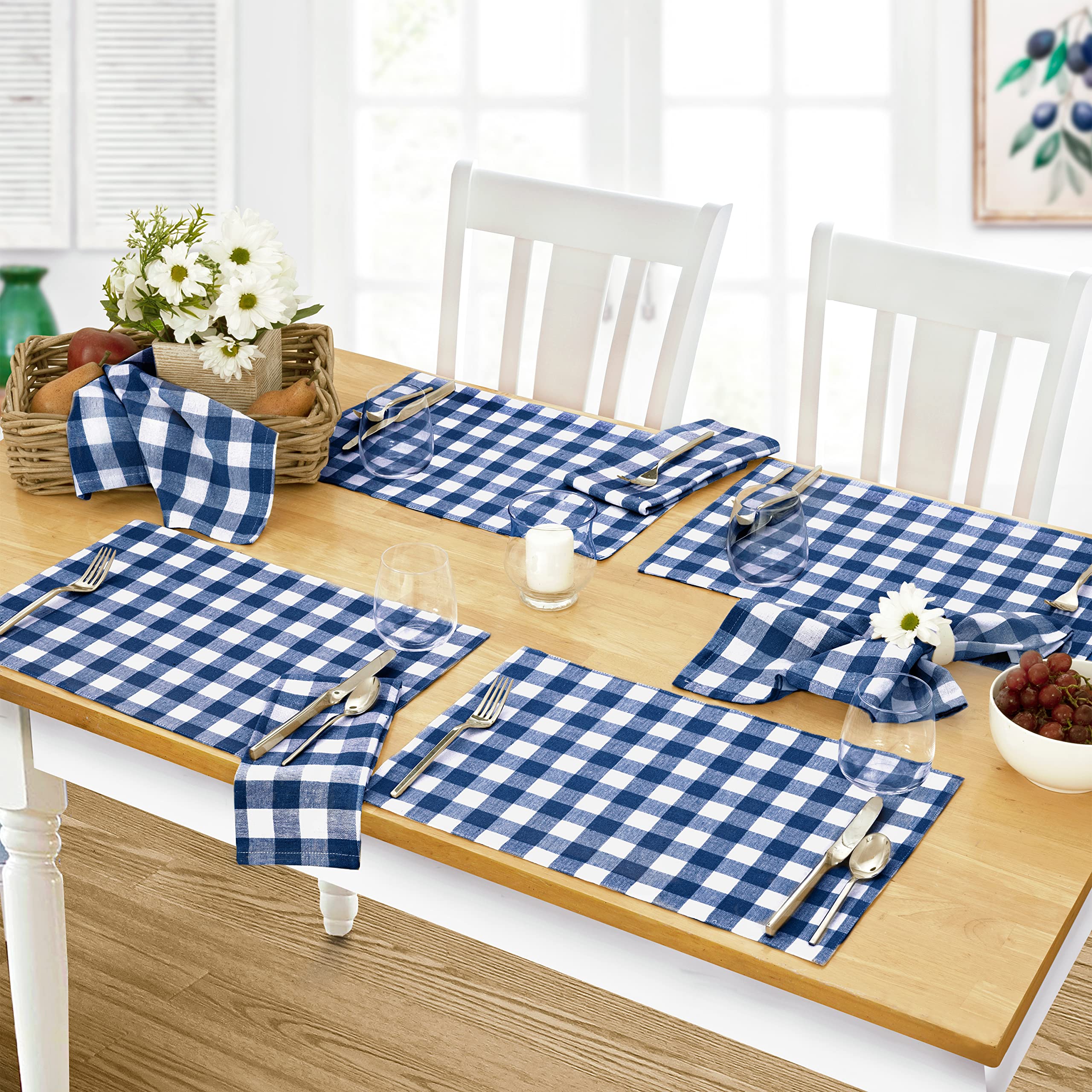 Home Bargains Plus Country Rustic Buffalo Plaid Blue Bundle Including Table Runner, Placemats, and Napkins