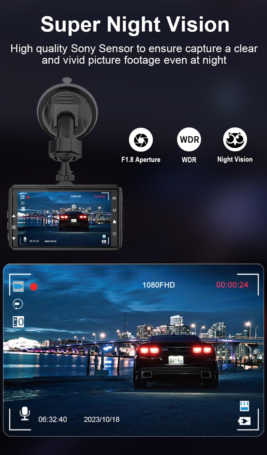 Penemay Dual Dash Cam Front and Rear Camera 1080p Front Camera, Dash Camera for Cars Waterproof Rear Camera, Car Camera Included 32GB Card, Dashboard Camera with Super Night Vision, Parking Monitor