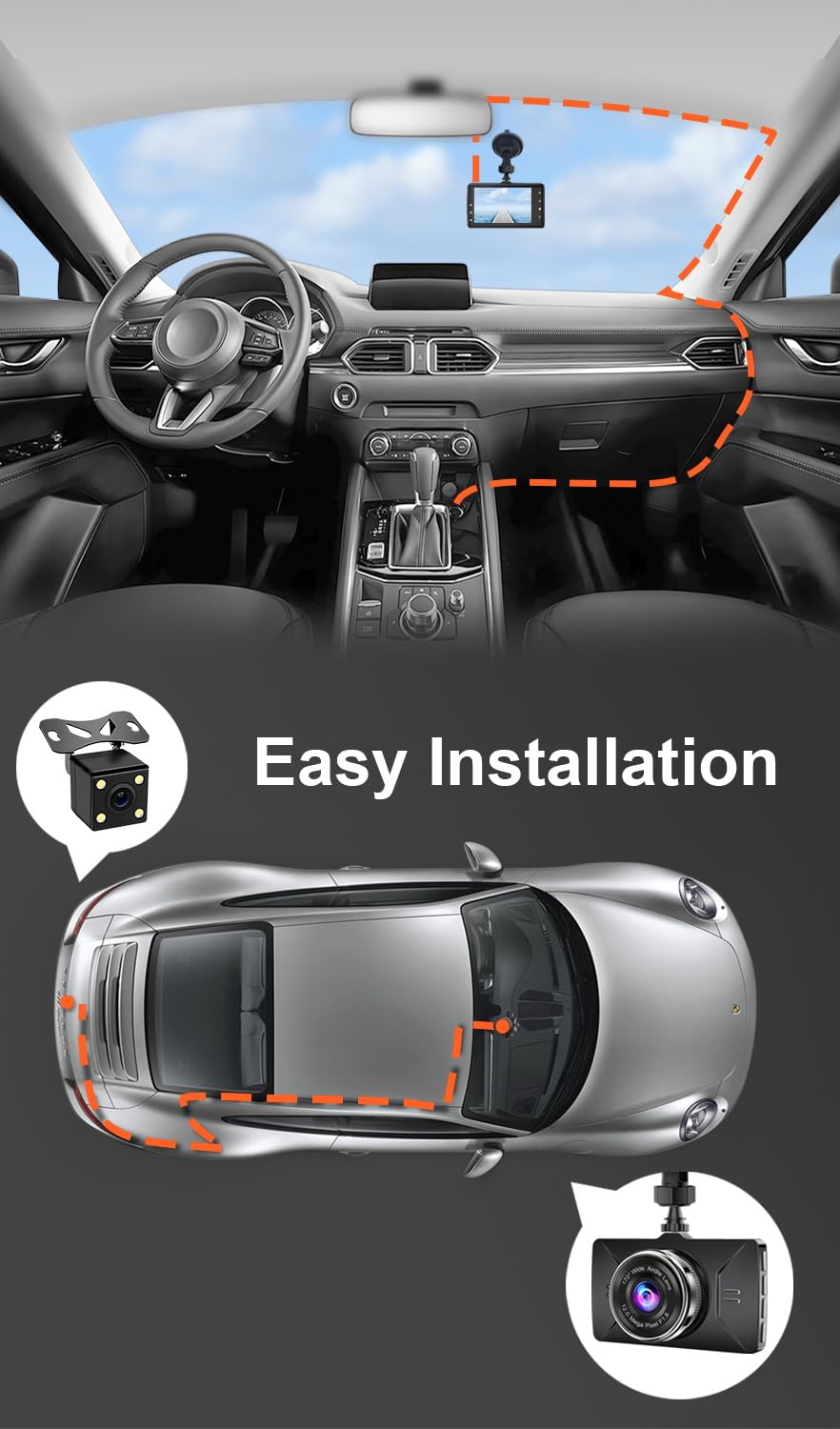 Penemay Dual Dash Cam Front and Rear Camera 1080p Front Camera, Dash Camera for Cars Waterproof Rear Camera, Car Camera Included 32GB Card, Dashboard Camera with Super Night Vision, Parking Monitor