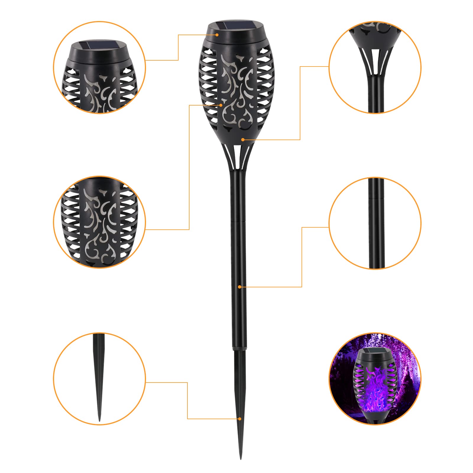 COCOMOX Halloween Decorations Outdoor, 12 Pack Purple Solar Lights Outdoor Waterproof 12 LED Mini Tiki Torch Lights with Flickering Flame for Outside Landscape Garden Pathway Dusk to Dawn Auto On/Off
