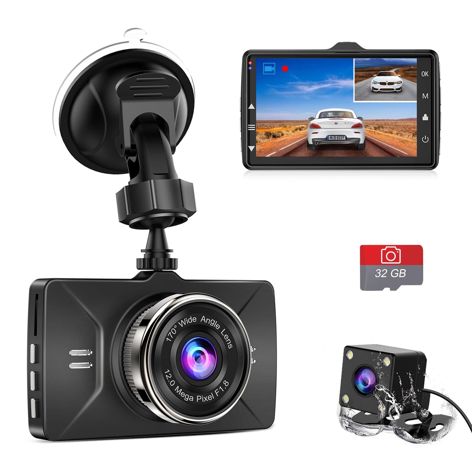 Penemay Dual Dash Cam Front and Rear Camera 1080p Front Camera, Dash Camera for Cars Waterproof Rear Camera, Car Camera Included 32GB Card, Dashboard Camera with Super Night Vision, Parking Monitor