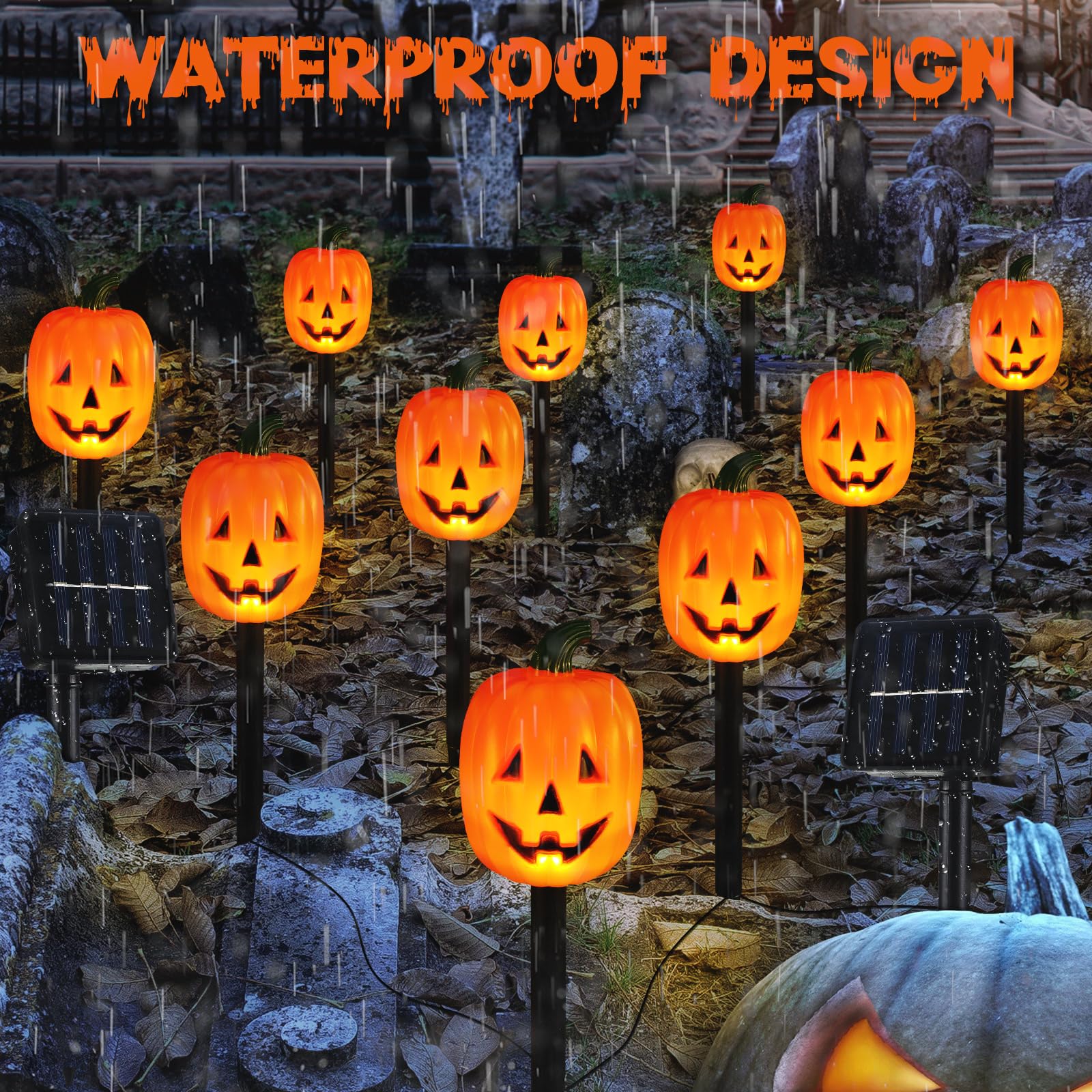 Retisee 10 Pcs Halloween Pumpkin Pathway Markers Lights Solar Powered Pathway String Lights Light up Jack O Lantern Pumpkin Garden Stakes for Yard Lawn Tree Patio Walkway Driveway Party Decor
