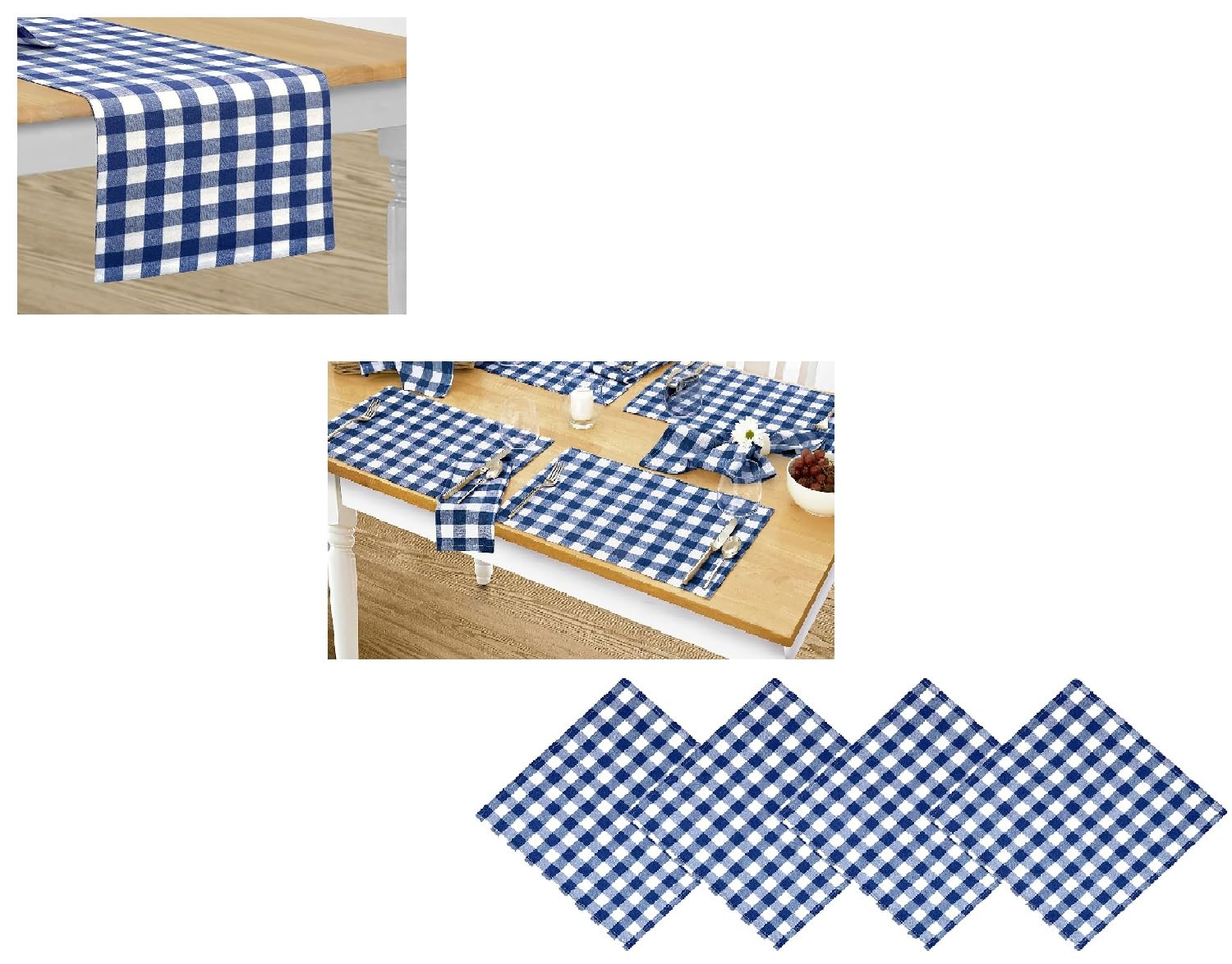 Home Bargains Plus Country Rustic Buffalo Plaid Blue Bundle Including Table Runner, Placemats, and Napkins