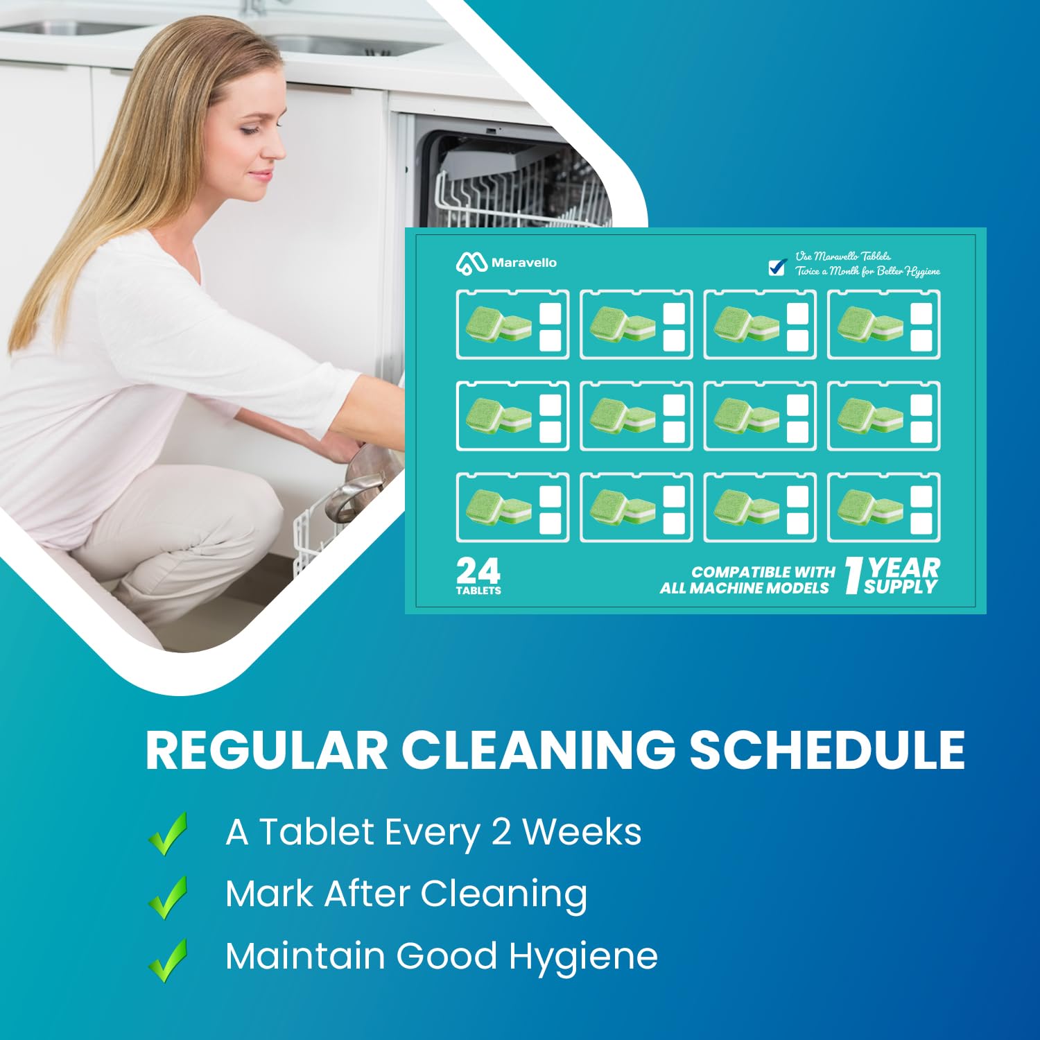 Maravello Dishwasher Cleaner and Deodorizer – 24 Tablets – Dish Washer Machine Deep Clean Descaler Pods for Heavy Duty Grease, Limescale, Hard Water, and Calcium – 12 Months Supply