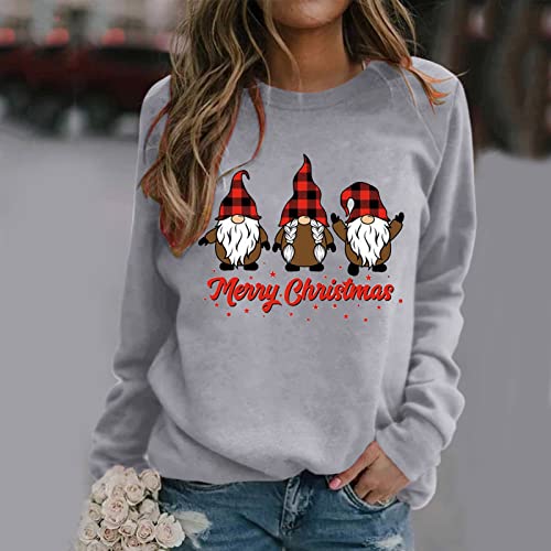 bargains Christmas T Shirts for Women Long Sleeve Cute Print Graphic Xmas Sweatshirts Crewneck Pullover Tops Ugly Sweater T Shirt Grey