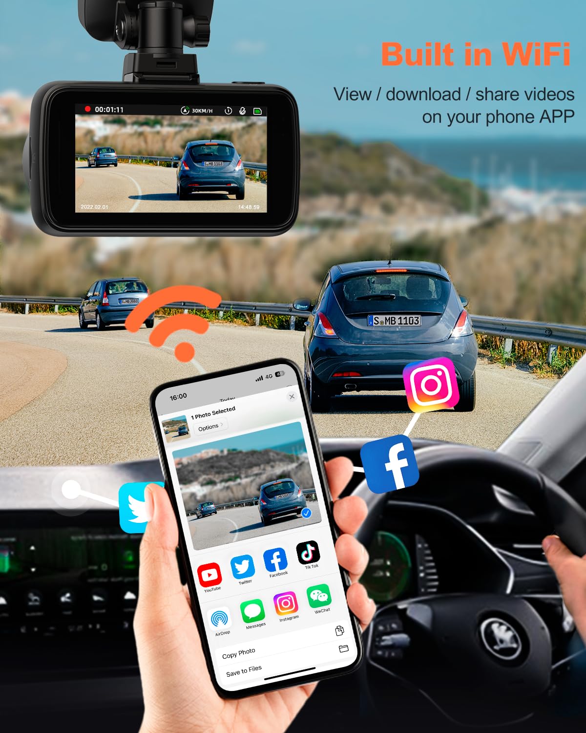 YEECORE D11 Dash Cam Built-in WiFi GPS,4K Touch Screen Camera Recorder with Night Vision, Parking Monitor,G-Sensor,Night Vision Car Camera