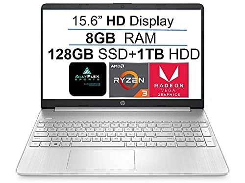Newest HP 15 15.6" HD Display Laptop Computer, AMD Ryzen 3 3250U(up to 3.5GHz, Beat i3-8130U), 8GB DDR4 RAM, 128GB SSD+1TB HDD, WiFi, Bluetooth, HDMI, Webcam, Remote Work, Win 10 S, AllyFlex MP
