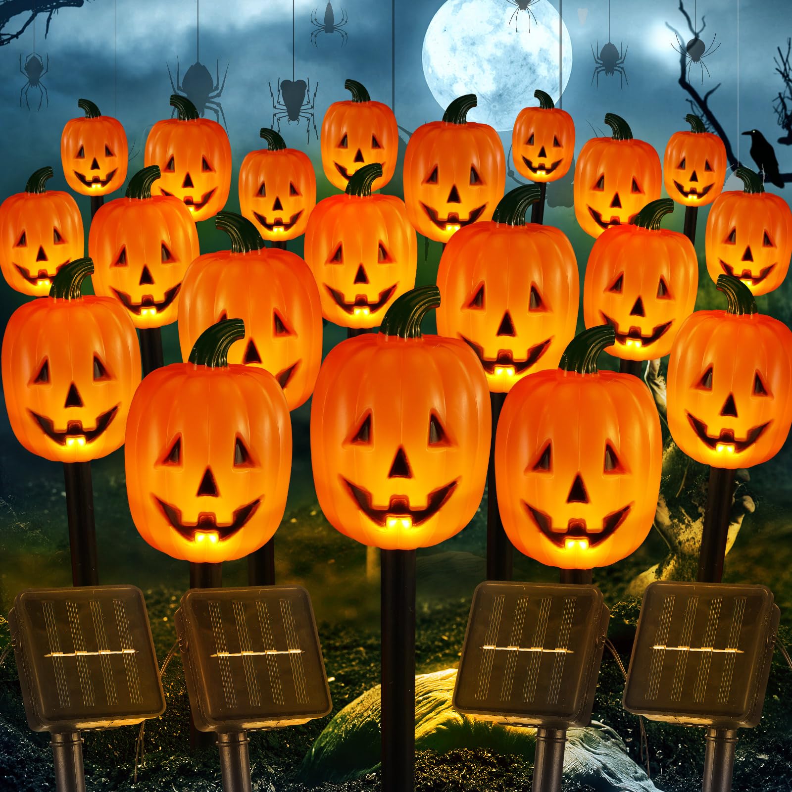 Retisee 10 Pcs Halloween Pumpkin Pathway Markers Lights Solar Powered Pathway String Lights Light up Jack O Lantern Pumpkin Garden Stakes for Yard Lawn Tree Patio Walkway Driveway Party Decor
