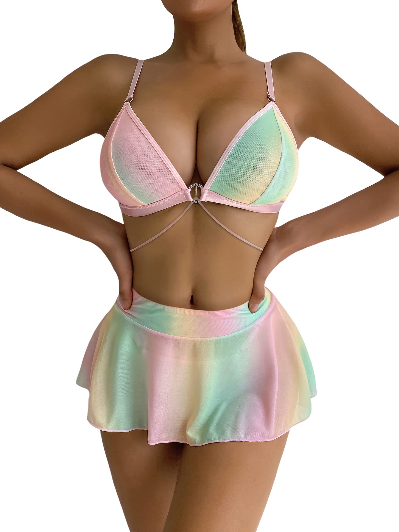 SHENHE Women's Sexy Mini Skirt Lingerie Set Babydoll Bralette Wireless Bra and Panty Multicolor