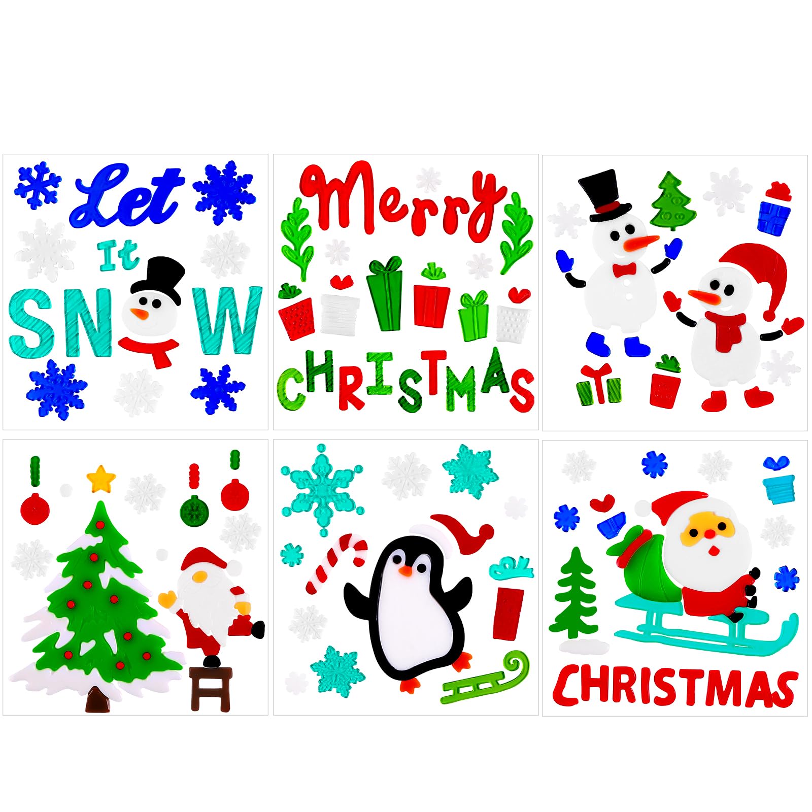 XIMISHOP 6pcs Christmas Gel Window Clings,Xmas Santa Claus Snowman Snowflake Penguin Window Clings Sticker for Christmas Window Decors