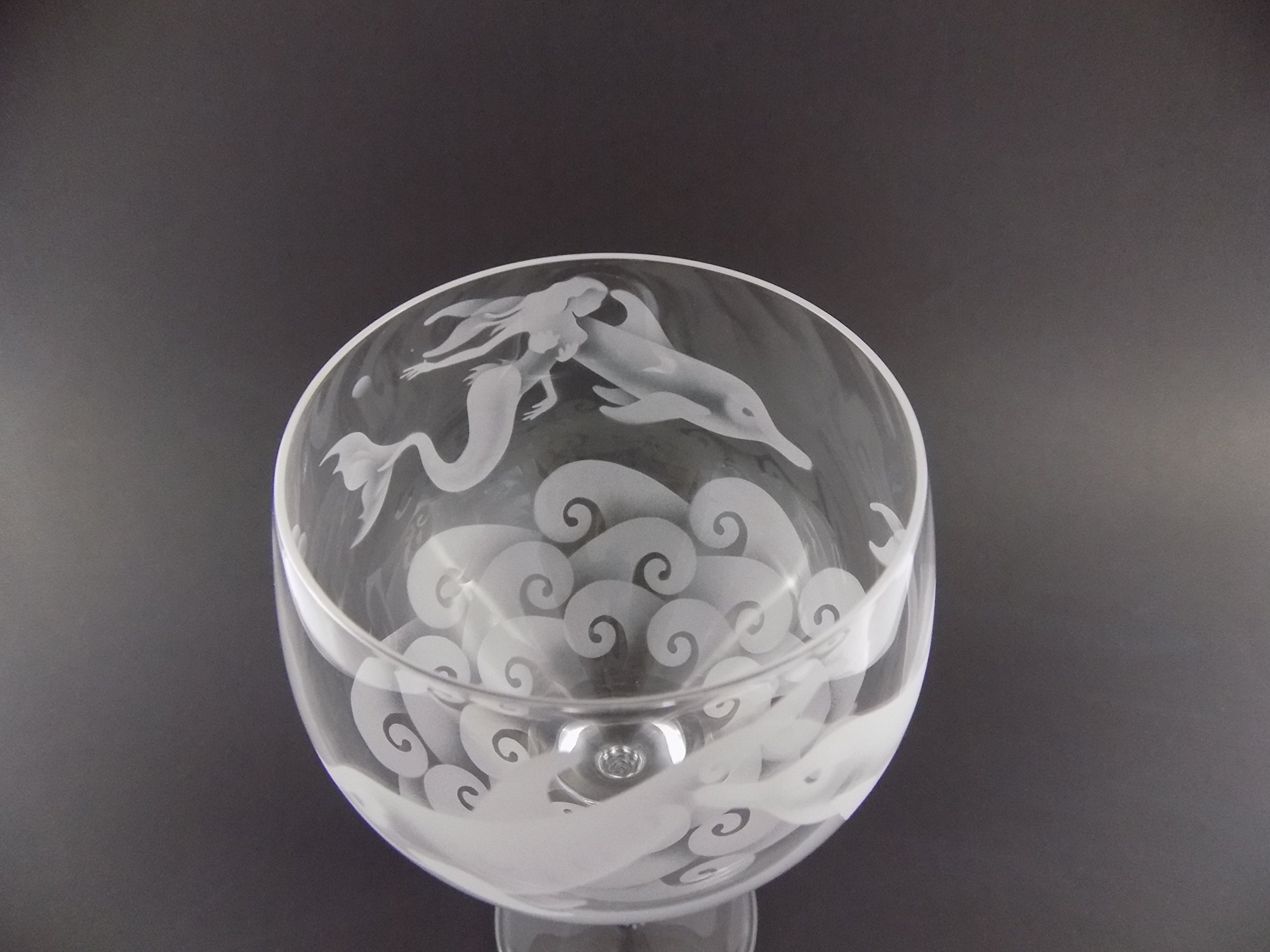 IncisoArt Hand Etched Italian Crystal Goblet Sandblasted (Sand Carved) Handmade Wine Water Glass Engraved (Mermaid Dolphins, 500 Milliliter (17 Ounce) Red Wine)