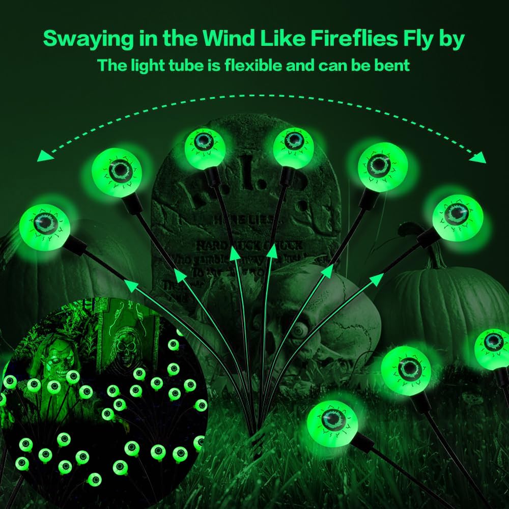 Ruhapu Halloween Decorations Outdoor Solar Scary Eyeball Lights,2PACKS 12/16LED Green Eyeball Swaying Firefly Lights,Waterproof Solar Halloween Path Lights for Yard/Garden/Lawn/Party Decor (Green)