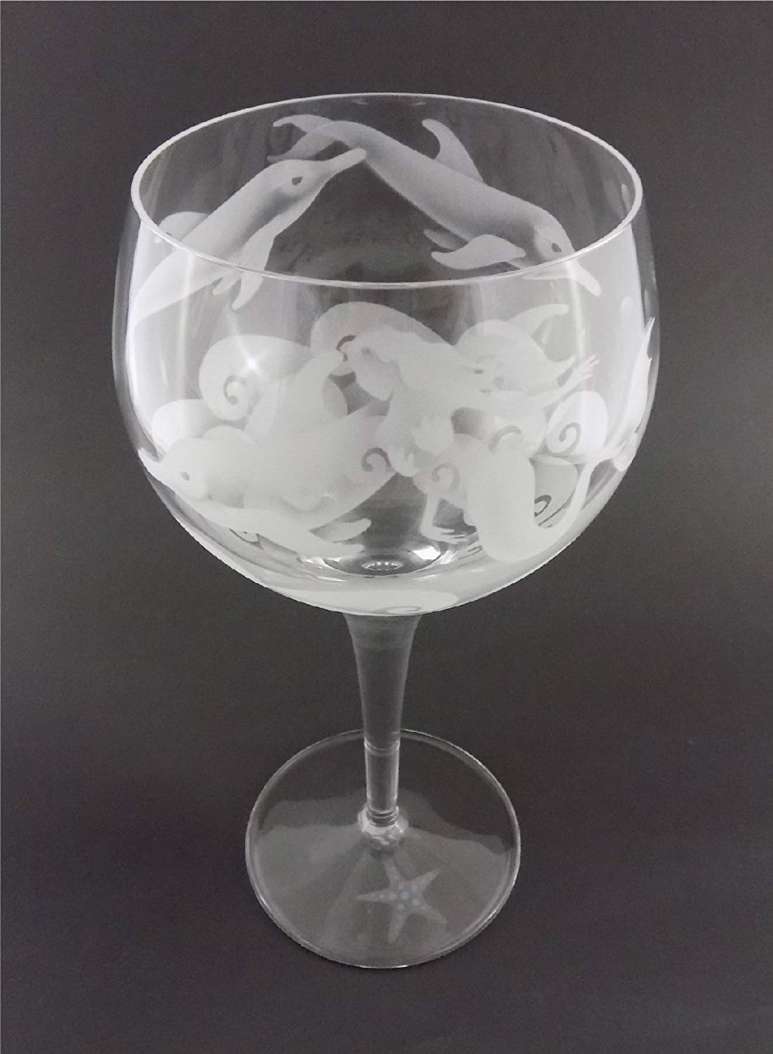 IncisoArt Hand Etched Italian Crystal Goblet Sandblasted (Sand Carved) Handmade Wine Water Glass Engraved (Mermaid Dolphins, 500 Milliliter (17 Ounce) Red Wine)