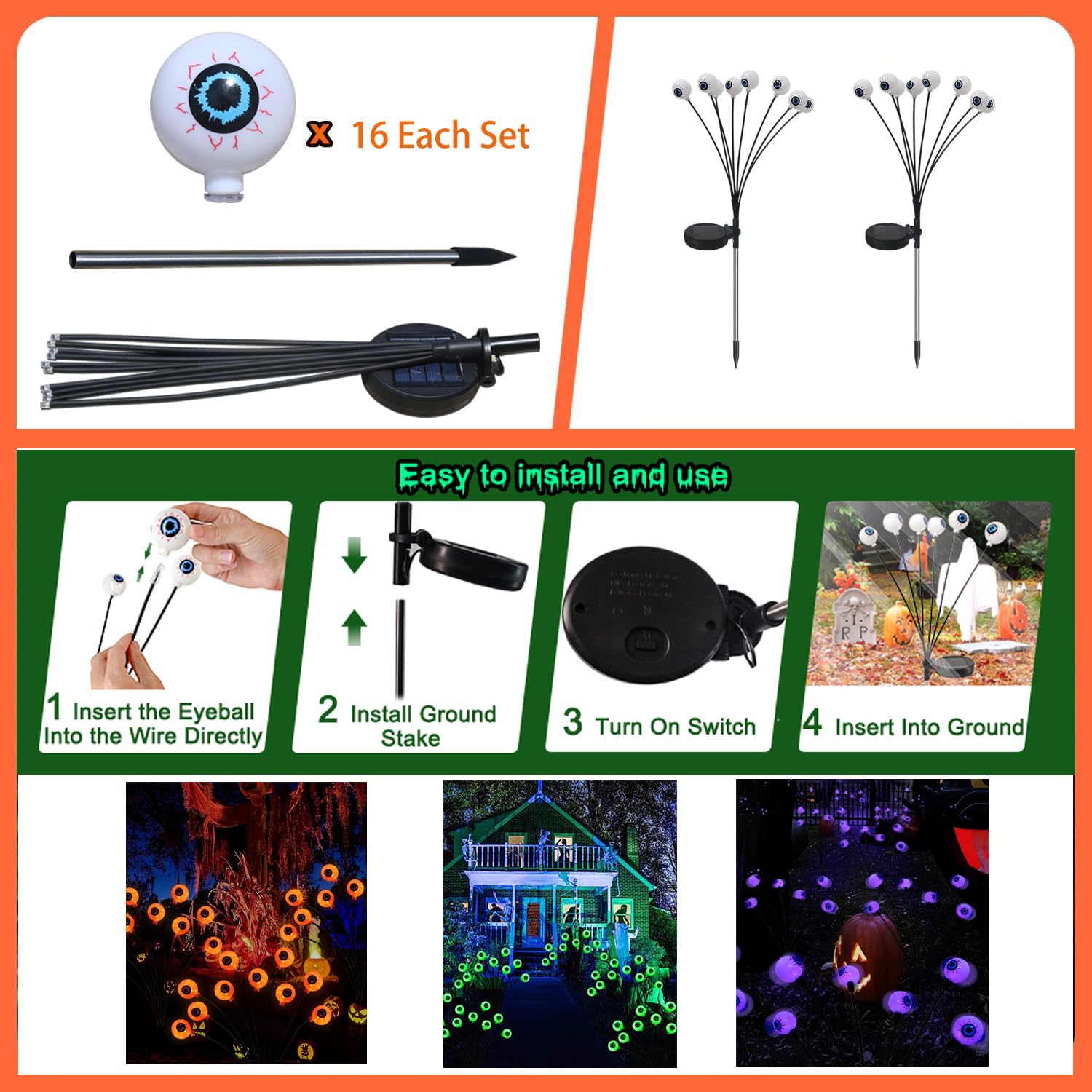 Ruhapu Halloween Decorations Outdoor Solar Scary Eyeball Lights,2PACKS 12/16LED Green Eyeball Swaying Firefly Lights,Waterproof Solar Halloween Path Lights for Yard/Garden/Lawn/Party Decor (Green)