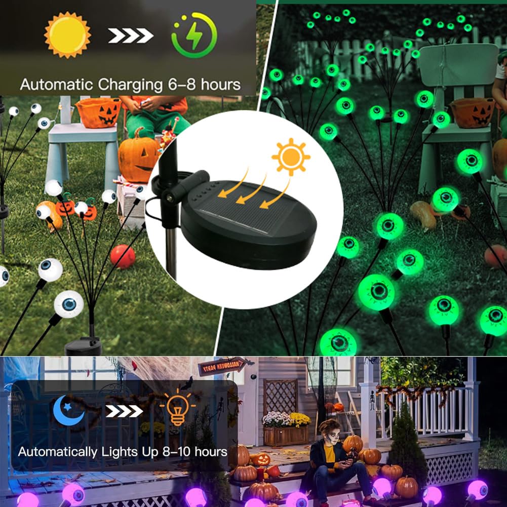 Ruhapu Halloween Decorations Outdoor Solar Scary Eyeball Lights,2PACKS 12/16LED Green Eyeball Swaying Firefly Lights,Waterproof Solar Halloween Path Lights for Yard/Garden/Lawn/Party Decor (Green)
