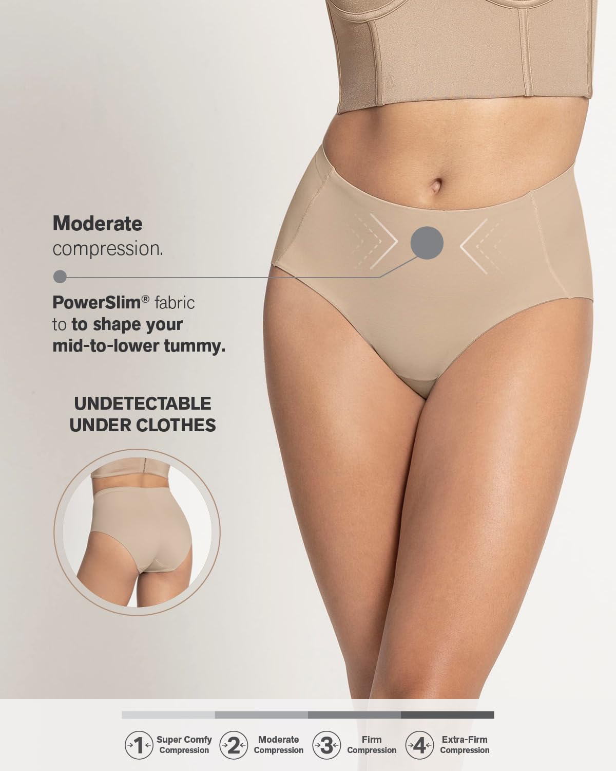 Leonisa Seamless Mid-Rise Moderate Compression Classic Underwear for Women - Tummy Control No Show Panties Beige