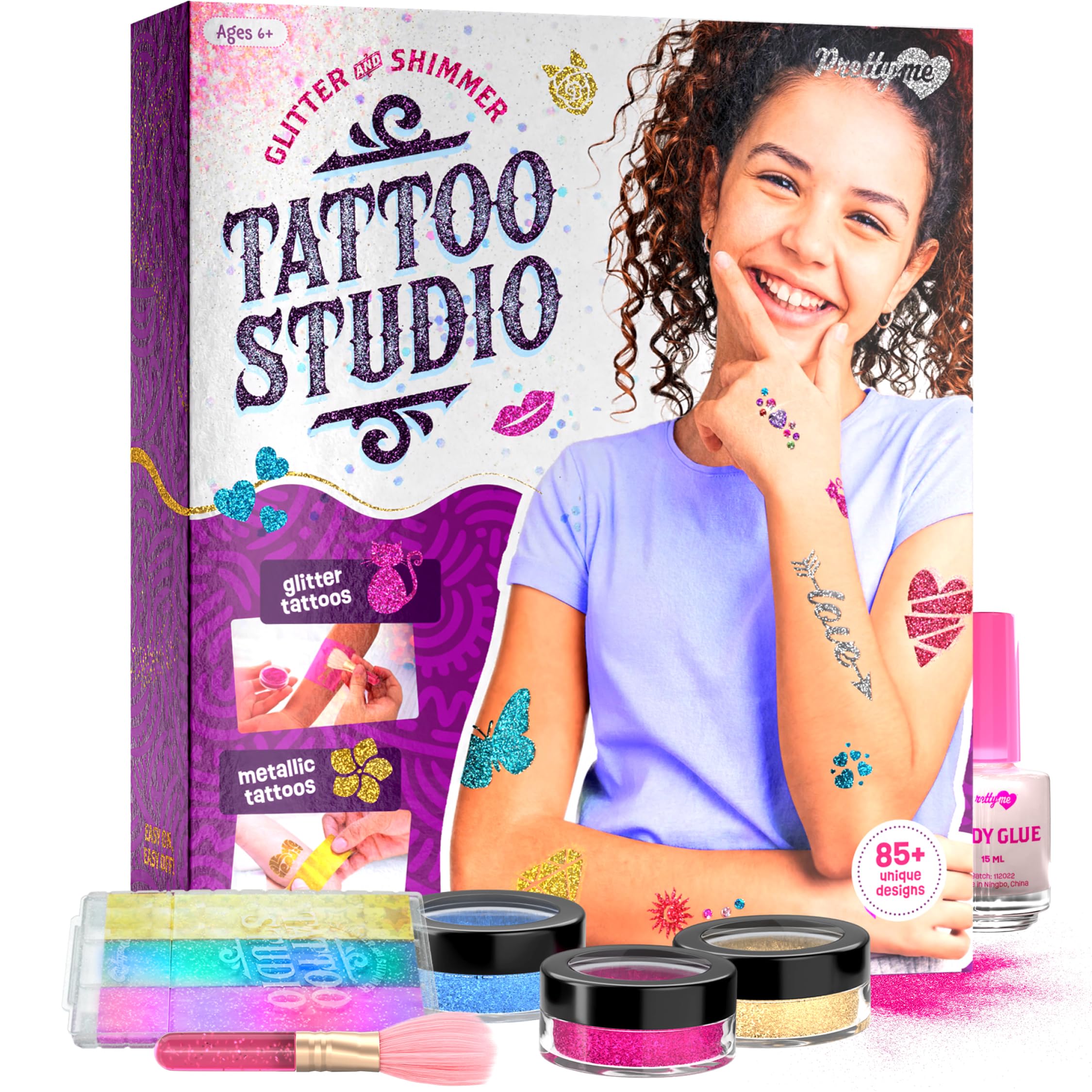 Temporary Shimmery Tattoo Studio Kit for Kids - Glitter & Metallic Fake Tattoos for Girls - Easter Birthday Gift Ideas for Girl - Craft Kits Toys for Ages 6, 7, 8, 9, 10, 11 Year Old - Cool Gifts