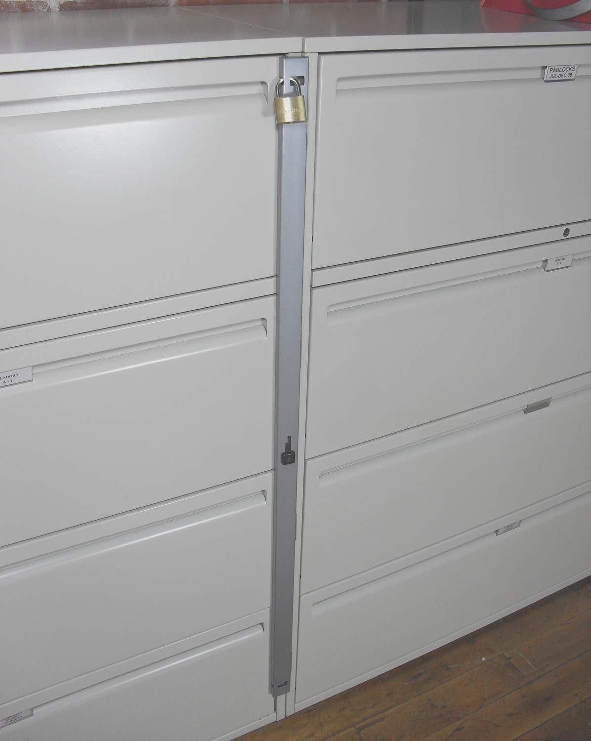 File Cabinet Locking Bar. Fits 5 Drawer File Cabinets. Includes Cobalt Drill Bit. (Gray)