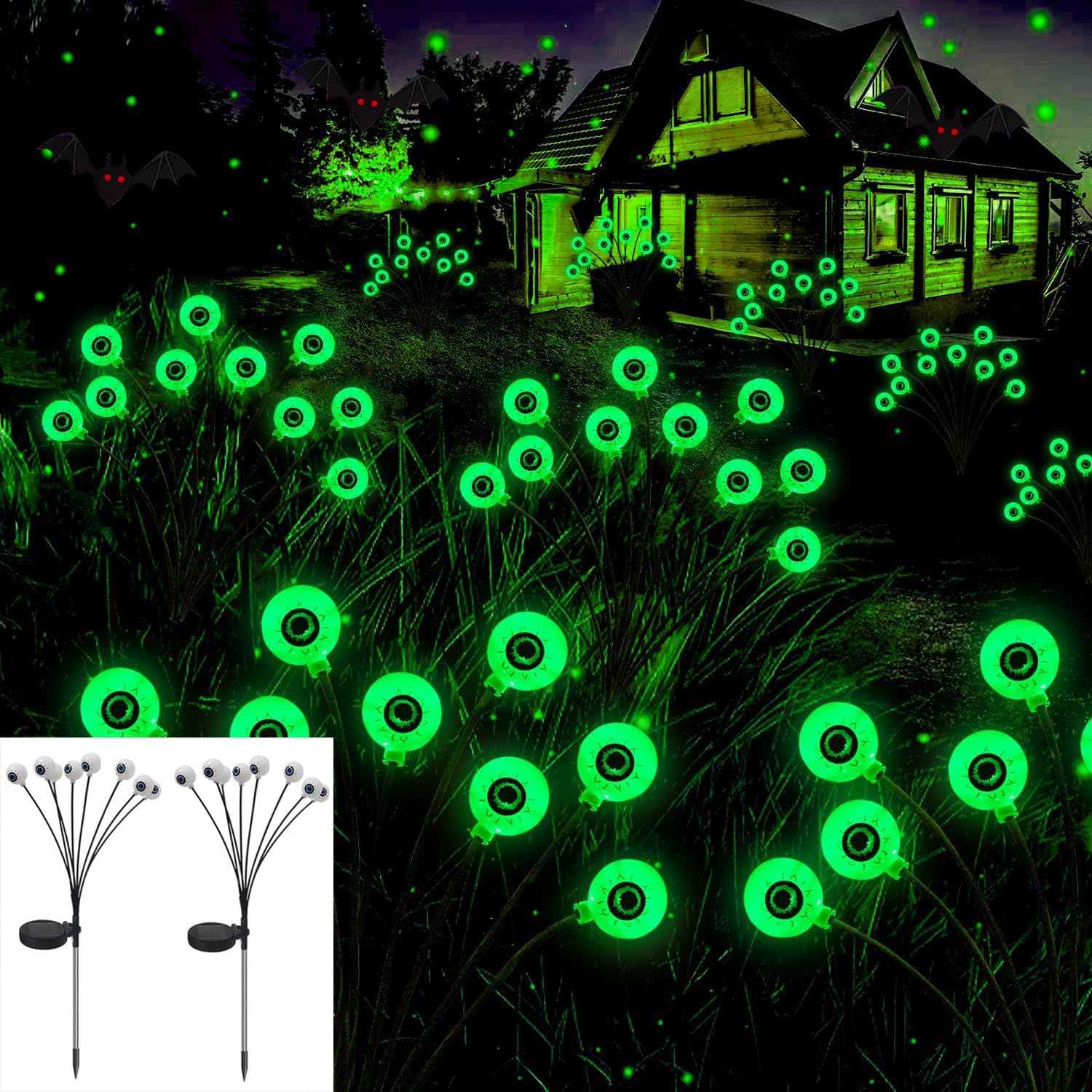Ruhapu Halloween Decorations Outdoor Solar Scary Eyeball Lights,2PACKS 12/16LED Green Eyeball Swaying Firefly Lights,Waterproof Solar Halloween Path Lights for Yard/Garden/Lawn/Party Decor (Green)