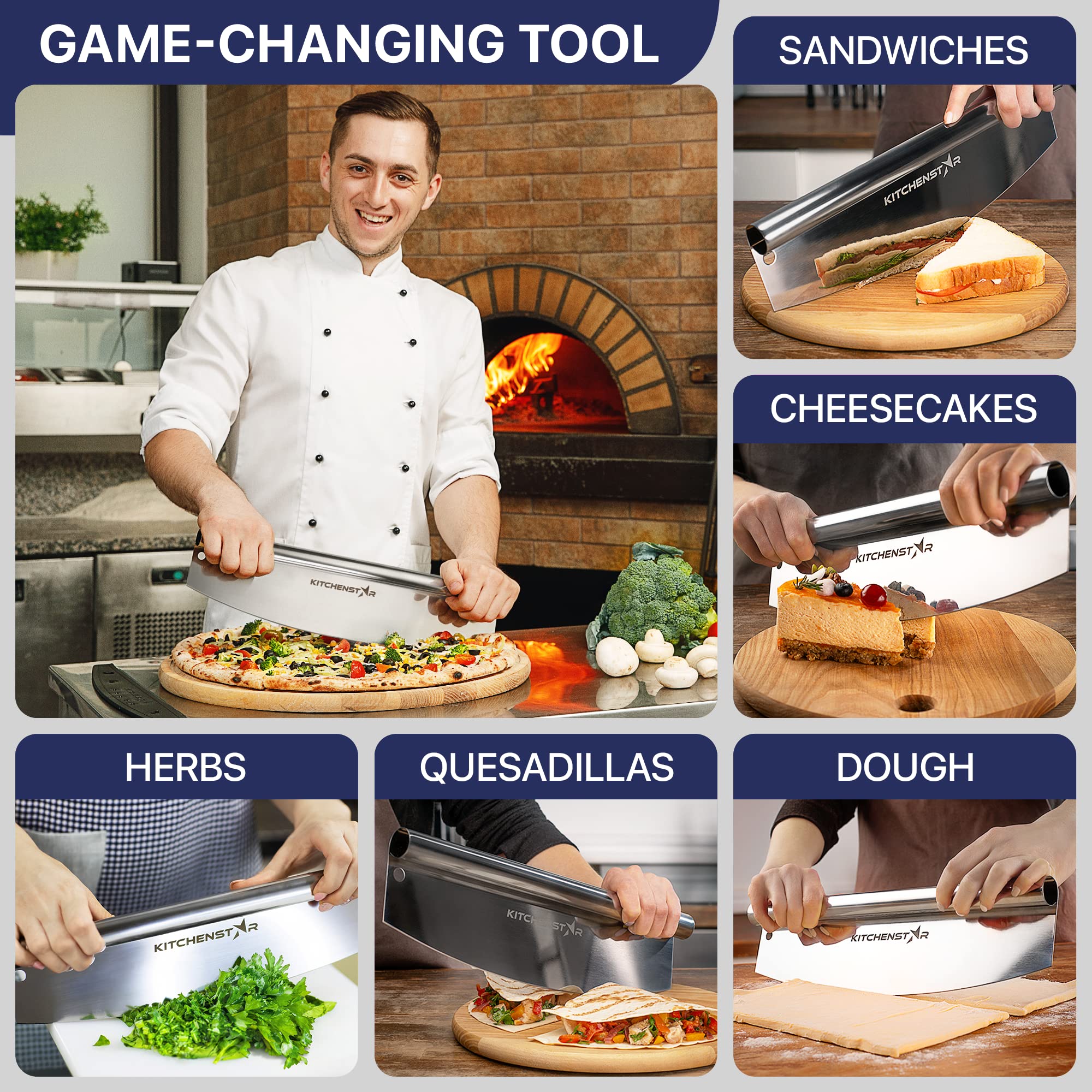 18" Pizza Cutter Rocker Blade by KitchenStar - Sharp Stainless Steel Slicer Knife w Protective Cover, Dishwasher Safe Pizza Oven Accessories, Silver