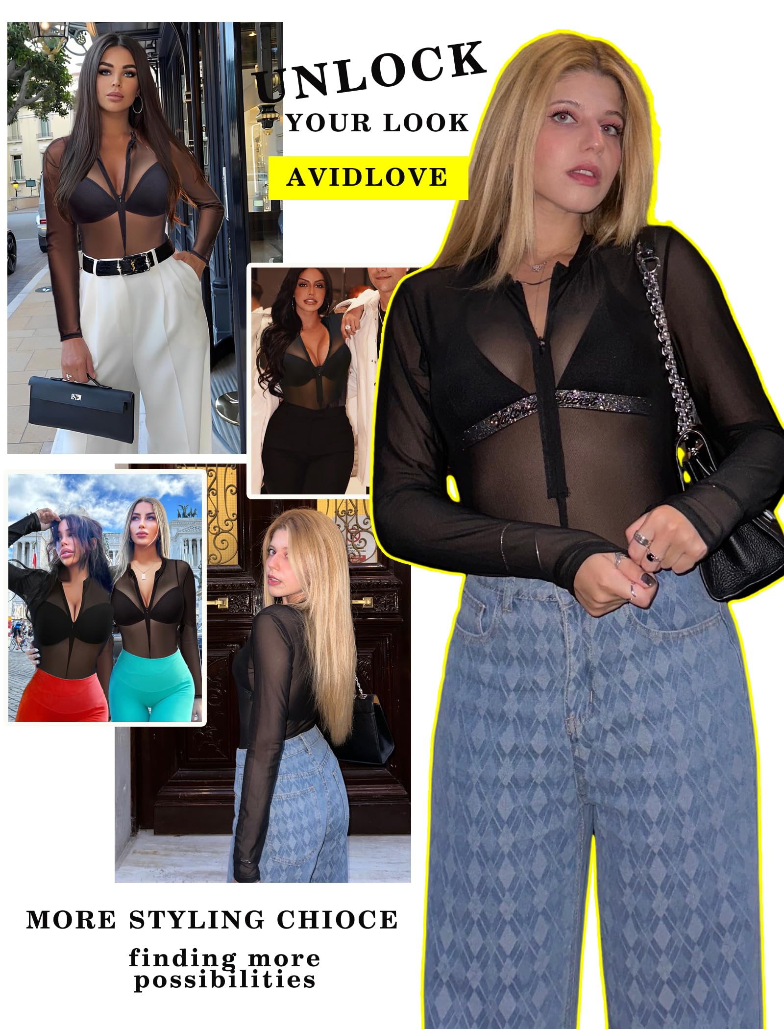 Avidlove Women's Sexy Mesh Long Sleeve Bodysuit Tops Sheer See Through Zipper Leotard Clubwear with Snap Crotch Black L