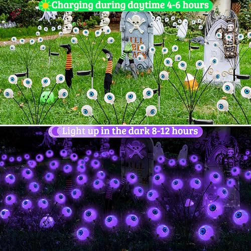 Solar Scary Eyeball Halloween Decor - 2-Pack Outdoor Pathway Lights with 16 LED Waterproof Swaying Firefly Lights for Yard & Patio