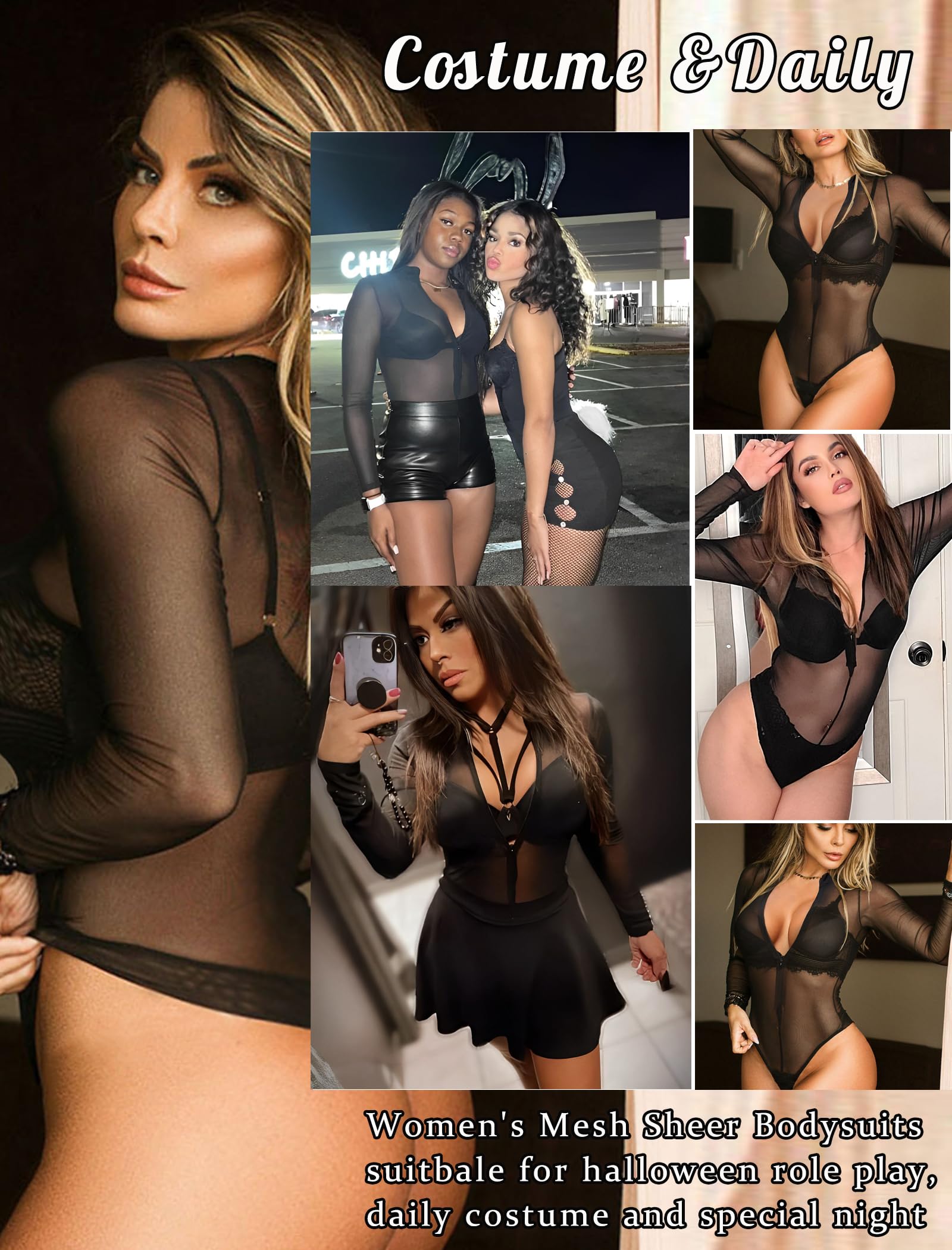 Avidlove Women's Sexy Mesh Long Sleeve Bodysuit Tops Sheer See Through Zipper Leotard Clubwear with Snap Crotch Black L