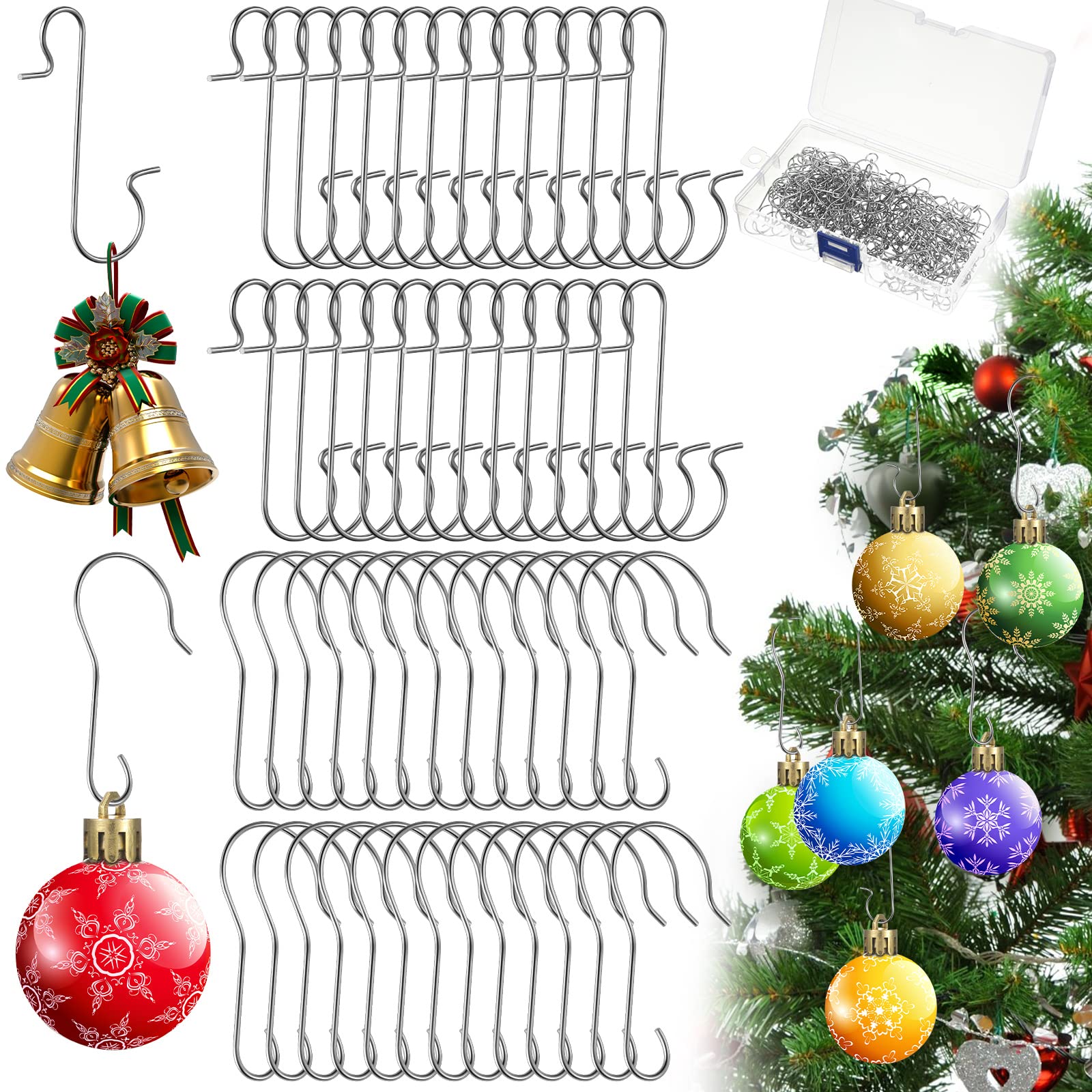 200 Pieces Christmas Ornament Hooks Bulk 1.6 Inch Metal Xmas Tree Ornament Hangers C and S Shaped Ornament Hooks with Storage Box for Christmas Tree Ornaments Hanging Decorations (Silver)