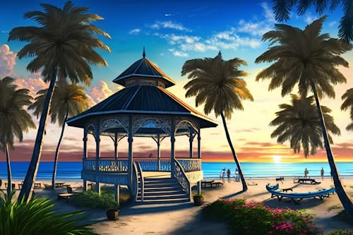 Diamond Painting Kits Sea Gazebo Palm Tree, 5D Round Diamond Crystal Gemstone Cross Stitch Diamond Painting, 12X12Inch Beginners Home Interactive Room Decor Club Decor or Gift