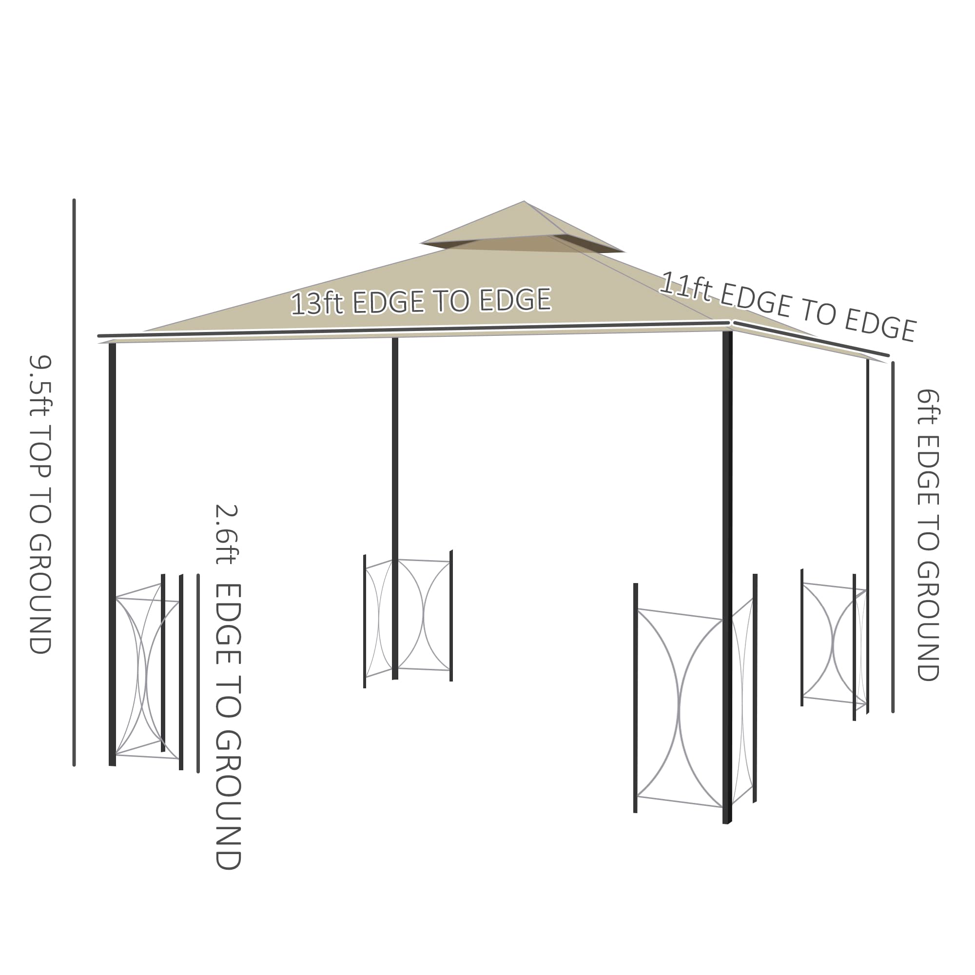 Outsunny 11' x 13' Patio Gazebo, Double Roof Outdoor Gazebo Canopy Shelter with Netting & Curtains, Steel Corner Columns for Garden, Lawn, Backyard and Deck, Beige