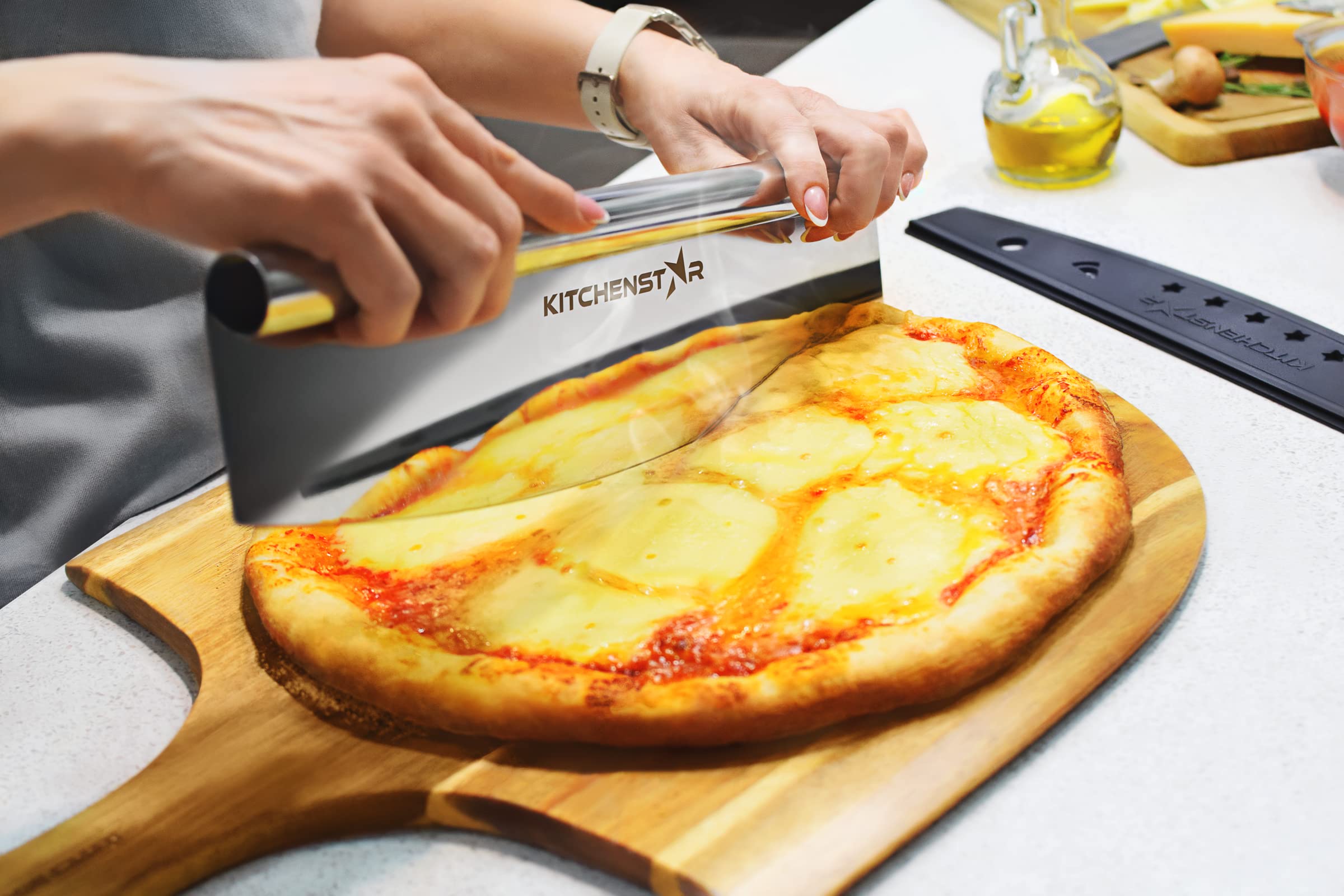 18" Pizza Cutter Rocker Blade by KitchenStar - Sharp Stainless Steel Slicer Knife w Protective Cover, Dishwasher Safe Pizza Oven Accessories, Silver