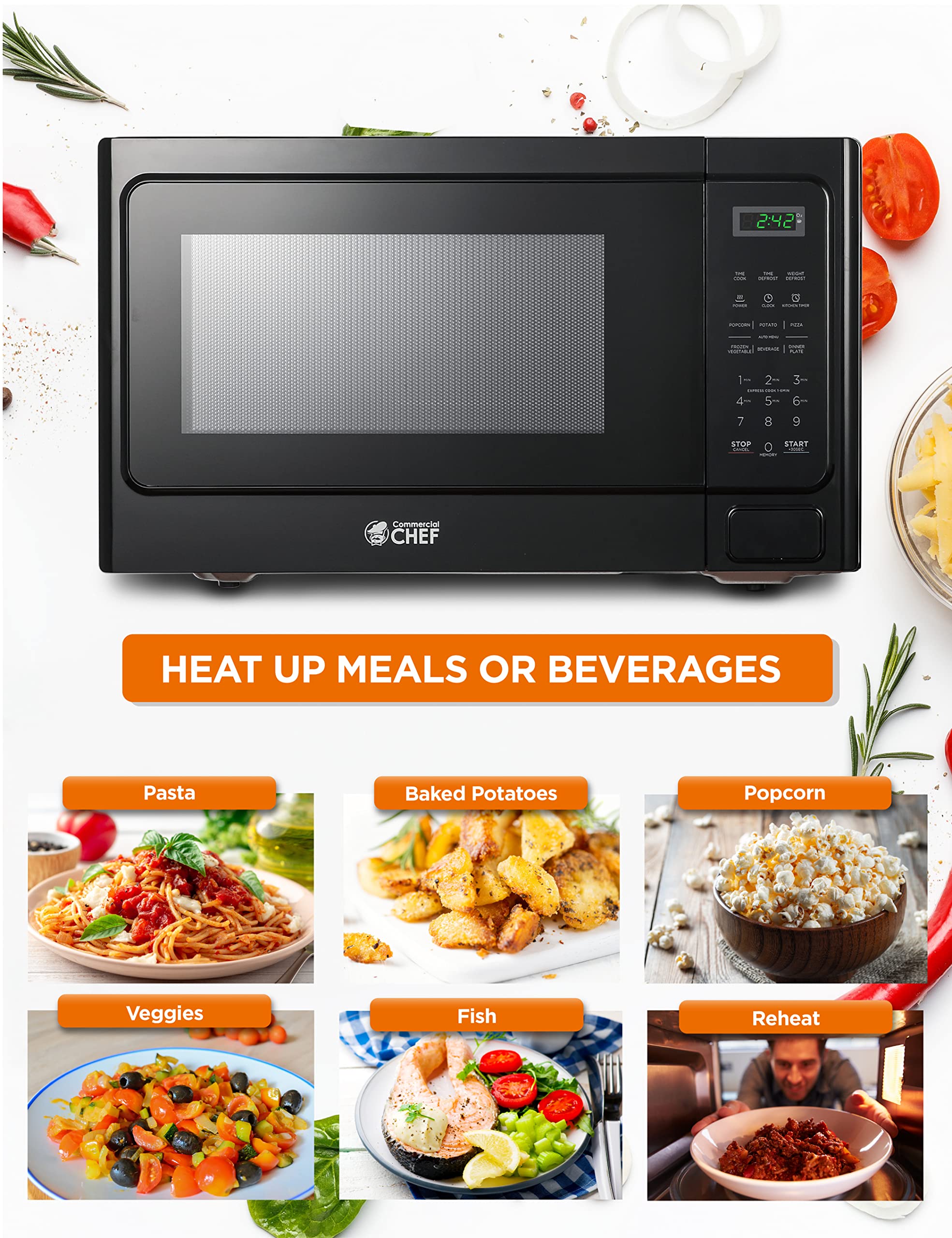 COMMERCIAL CHEF Microwave 1.3 Cu Ft with 10 Power Levels, Microwave with Push Button Door Lock, 1000W Countertop Microwave with Timer and Digital Controls, Black