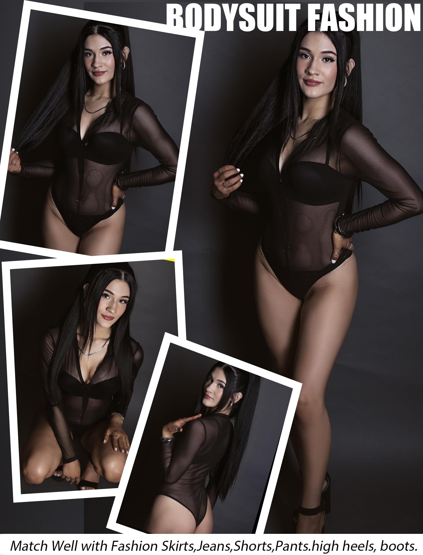 Avidlove Women's Sexy Mesh Long Sleeve Bodysuit Tops Sheer See Through Zipper Leotard Clubwear with Snap Crotch Black L