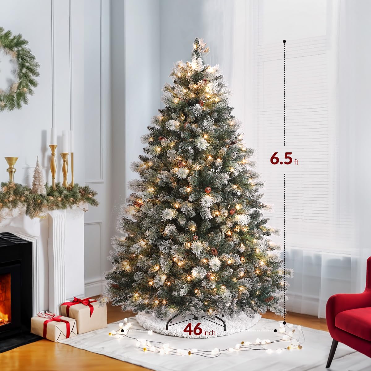 OasisCraft 6.5ft Pre-lit Snowy Aspen Spruce Christmas Tree, Full Flocked Christmas Tree with Lights, Metal Stand, for Home Office Party Decoration