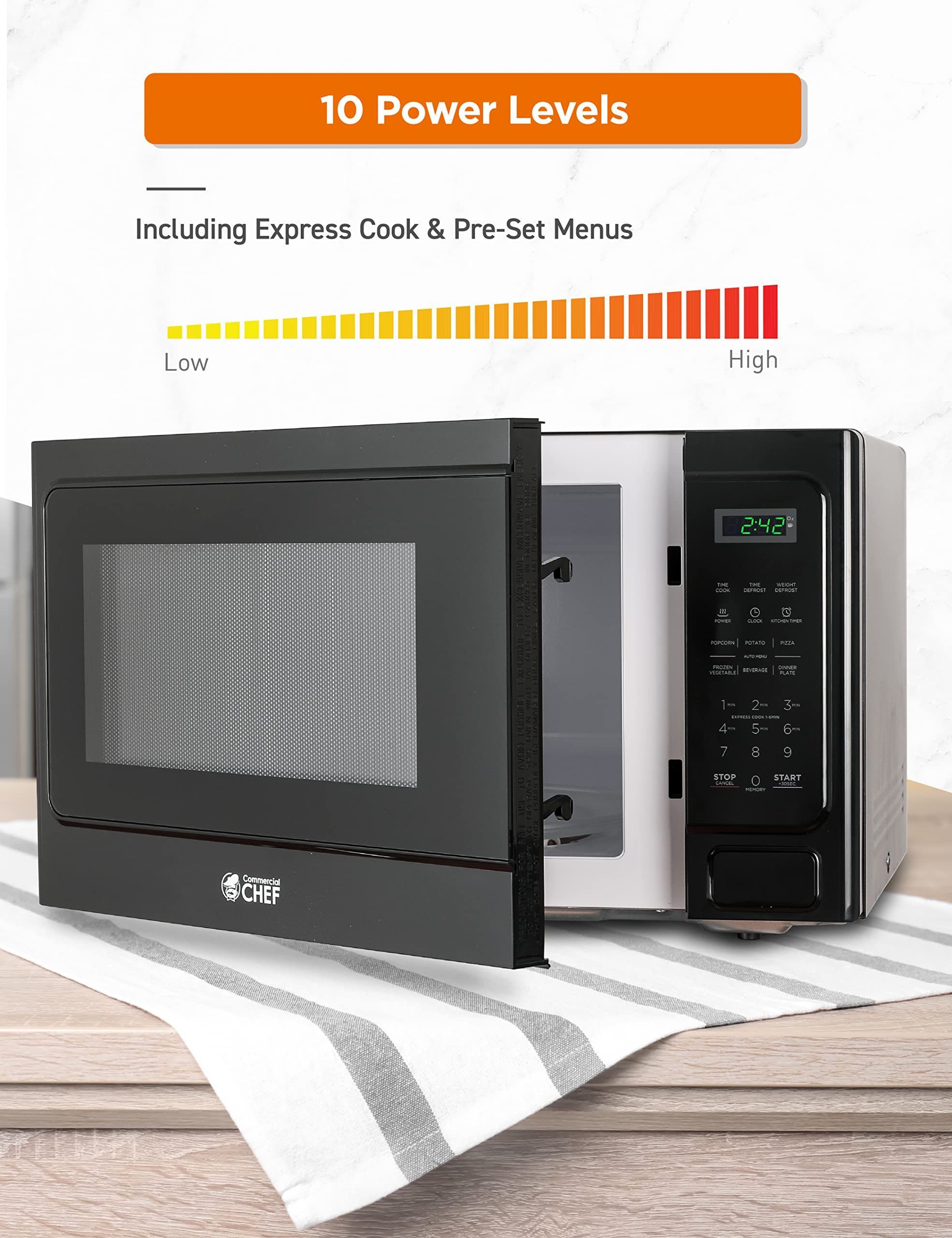 COMMERCIAL CHEF Microwave 1.3 Cu Ft with 10 Power Levels, Microwave with Push Button Door Lock, 1000W Countertop Microwave with Timer and Digital Controls, Black