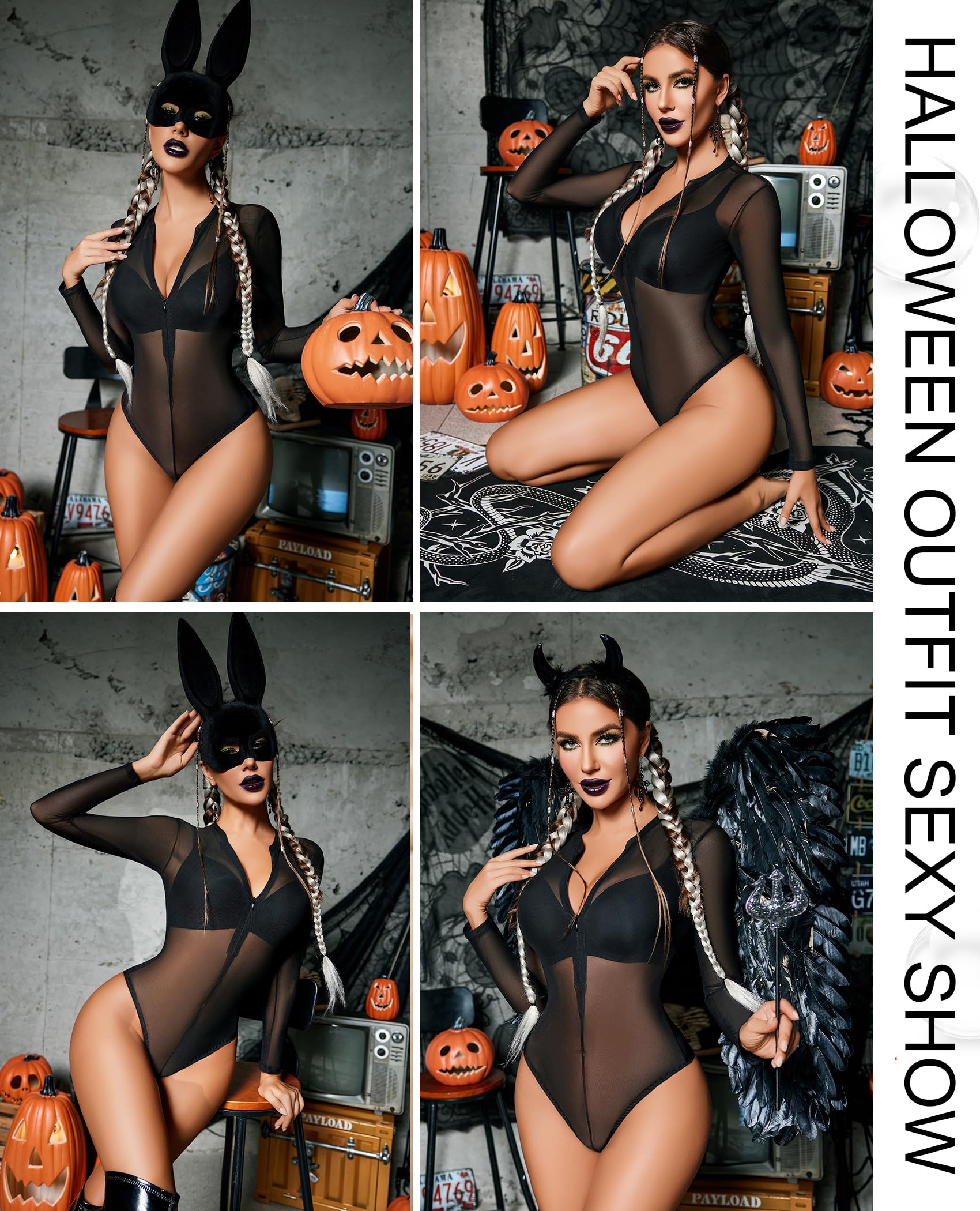 Avidlove Women's Sexy Mesh Long Sleeve Bodysuit Tops Sheer See Through Zipper Leotard Clubwear with Snap Crotch Black L