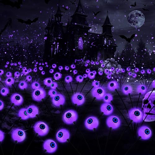Solar Scary Eyeball Halloween Decor - 2-Pack Outdoor Pathway Lights with 16 LED Waterproof Swaying Firefly Lights for Yard & Patio