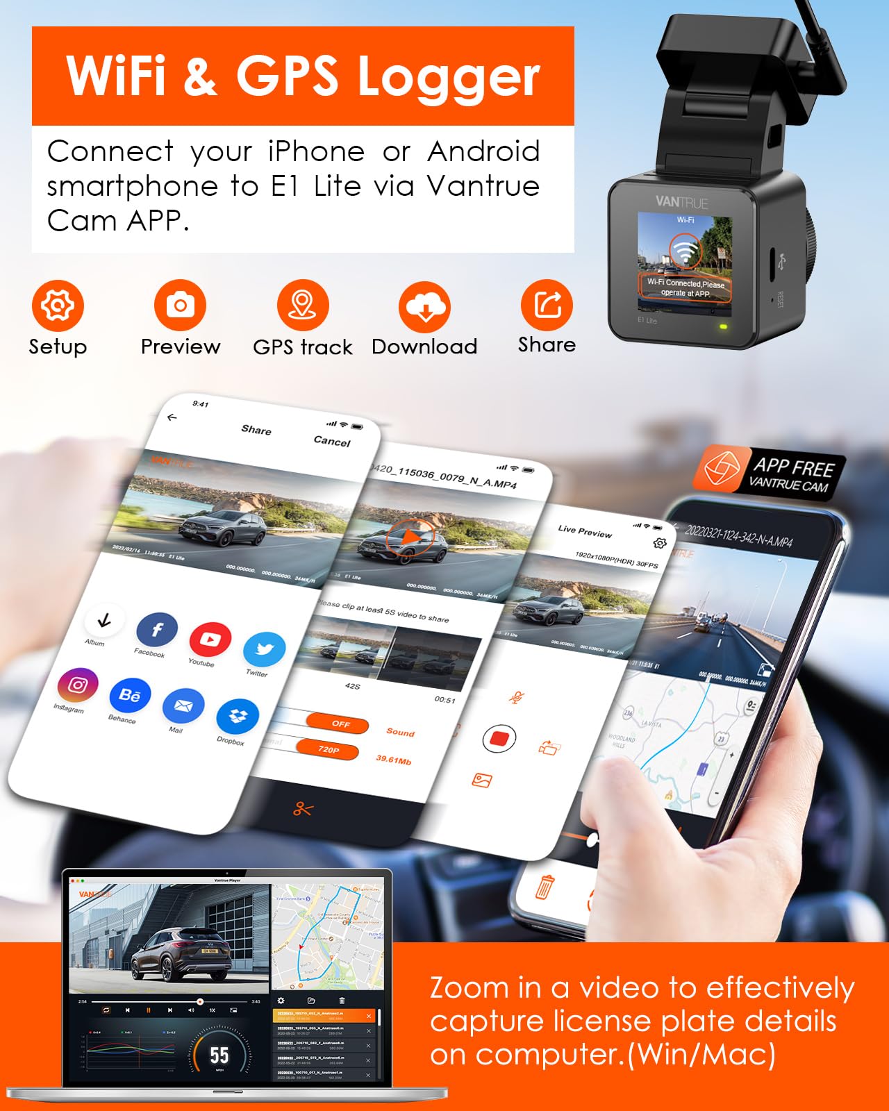【Bundle: Vantrue E1 Lite 1080P WiFi Mini Dash Cam + Type C USB Hardwire Kit】Vantrue E1 Lite 1080P WiFi Mini Dash Cam with GPS and Speed, Free App, Voice Control Detachable Dash Camera,24H Parking Mode