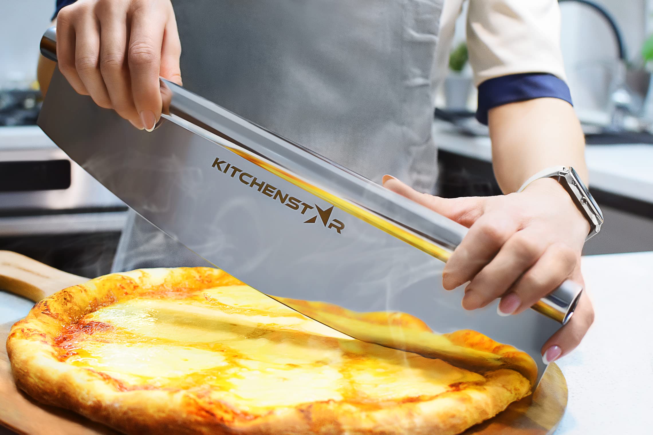 18" Pizza Cutter Rocker Blade by KitchenStar - Sharp Stainless Steel Slicer Knife w Protective Cover, Dishwasher Safe Pizza Oven Accessories, Silver