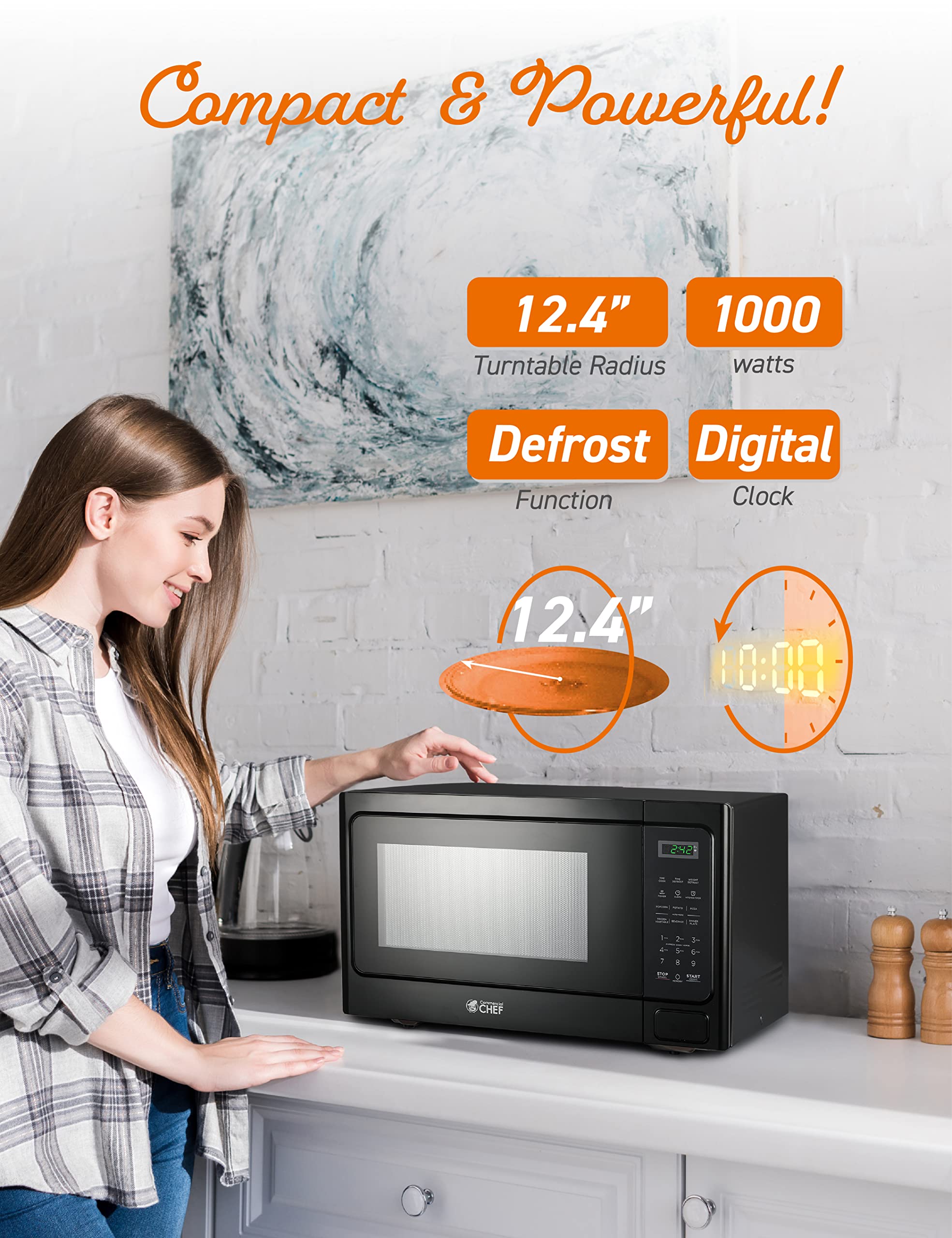 COMMERCIAL CHEF Microwave 1.3 Cu Ft with 10 Power Levels, Microwave with Push Button Door Lock, 1000W Countertop Microwave with Timer and Digital Controls, Black