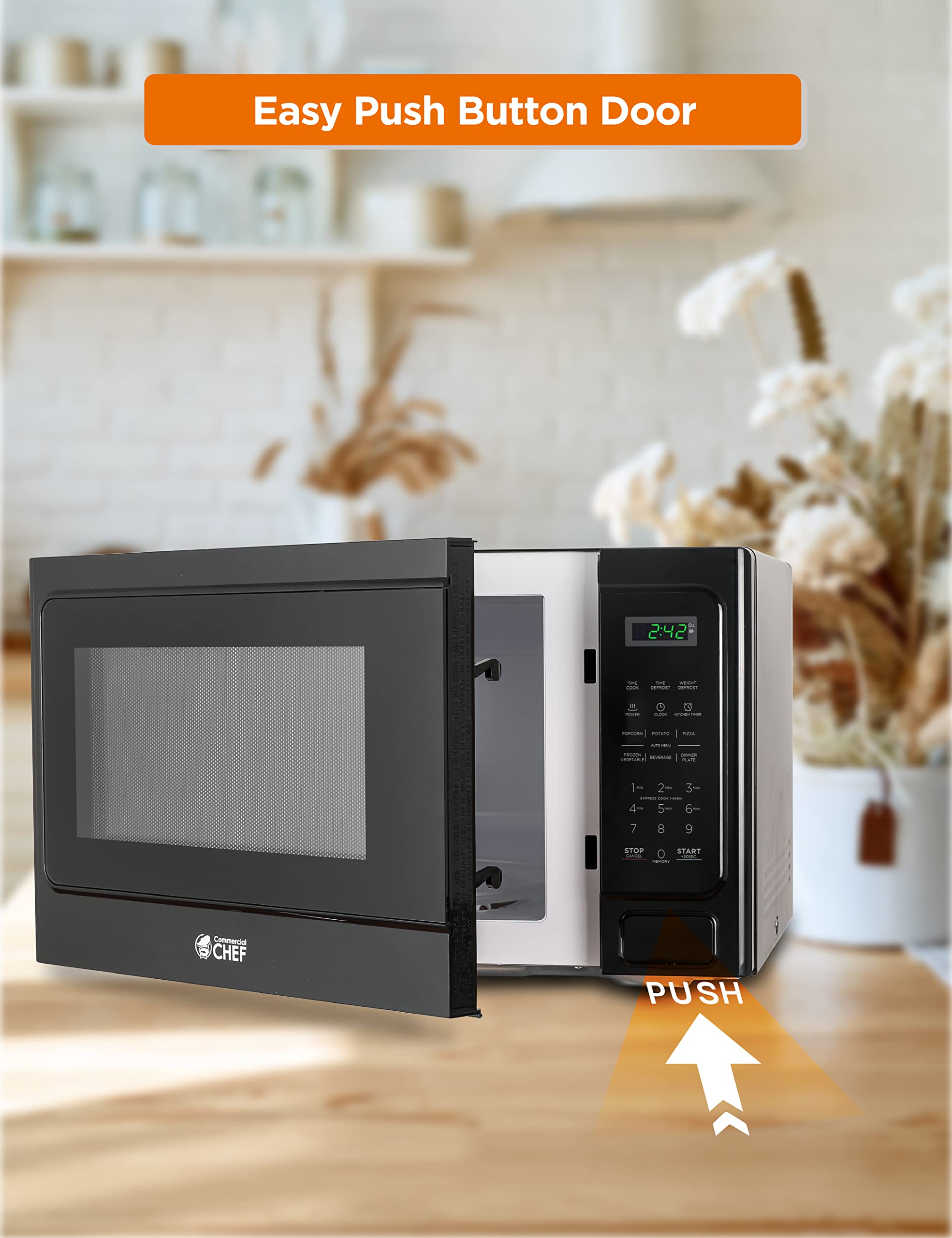 COMMERCIAL CHEF Microwave 1.3 Cu Ft with 10 Power Levels, Microwave with Push Button Door Lock, 1000W Countertop Microwave with Timer and Digital Controls, Black