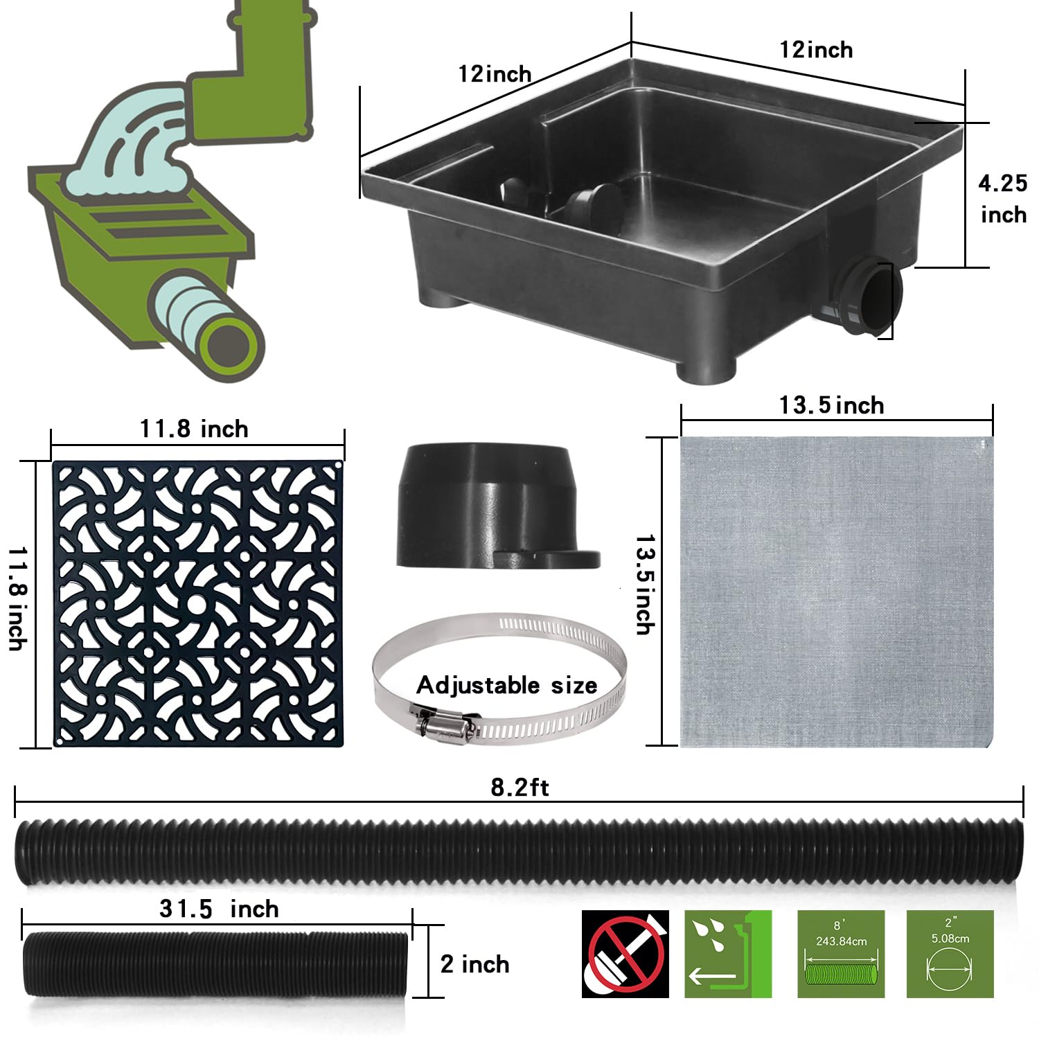 Gutter Downspout Extensions, NAACOO Upgraded 12x12in Catch Basin Low Profile Downspout Extender | No Deep Dig French Drain, Flexible Pipe Extension to 8.2ft, Protect House Foundation.