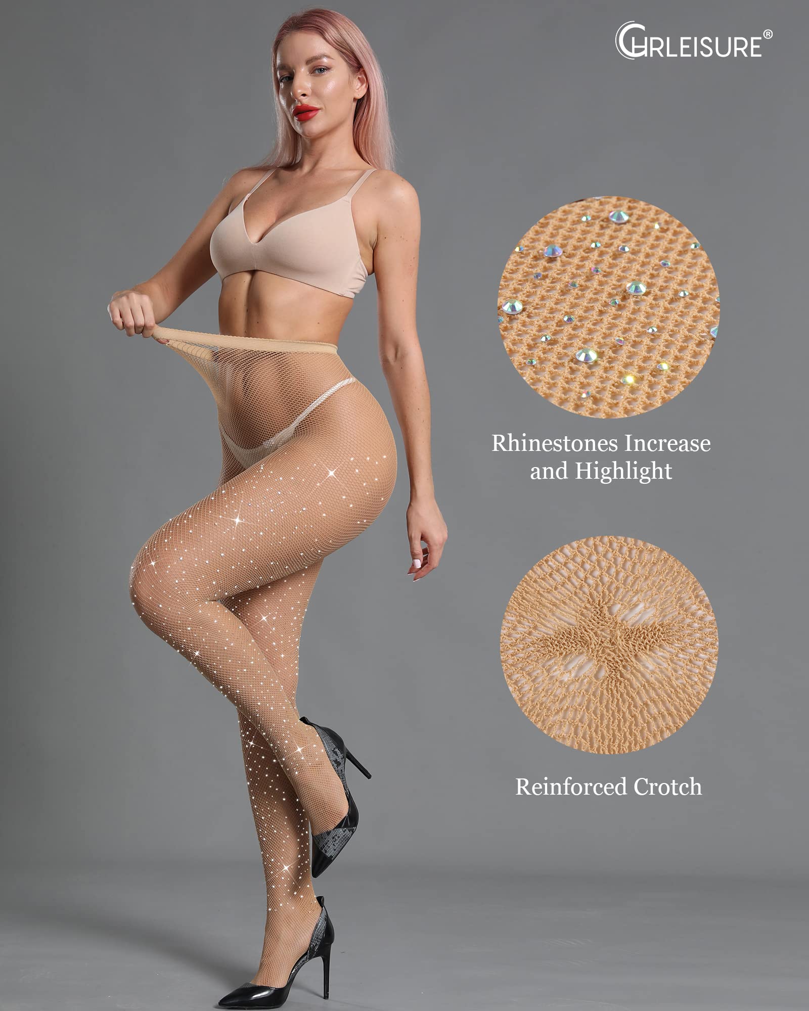 CHRLEISURE Women's Sparkle Rhinestone Fishnets, Sexy Sparkly Glitter Party Concert Outfit Fishnet Stockings (Skin)